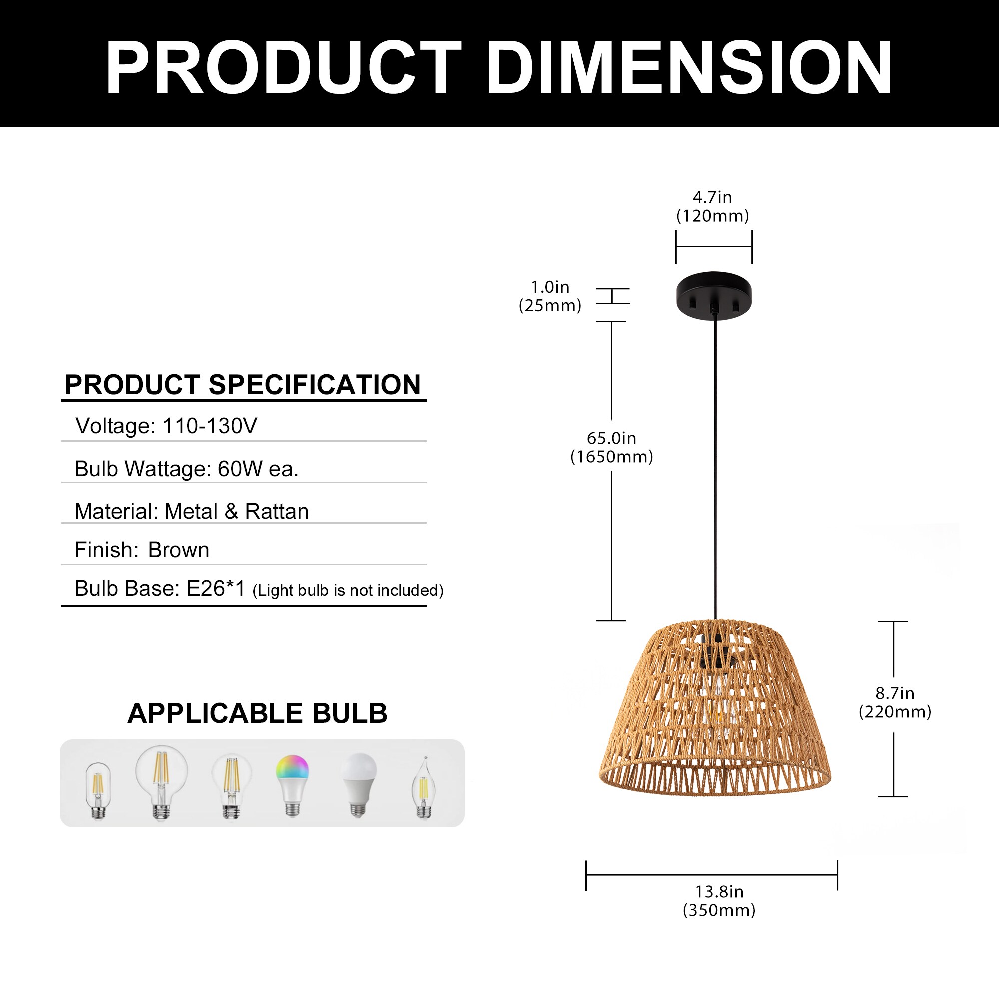 DORESshop 1 Light Modern Brown Woven Rattan Pendant Lights Adjustable ...