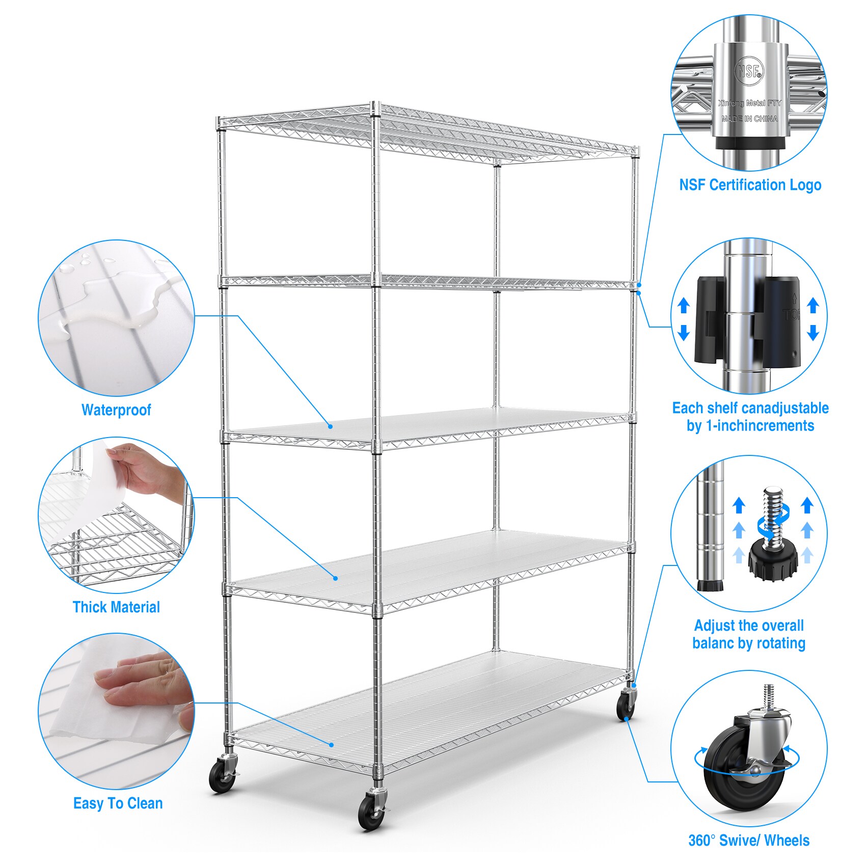 Tatayosi Steel 5 Tier Chrome Shelving Unit Heavy Duty 7500lb Capacity ...