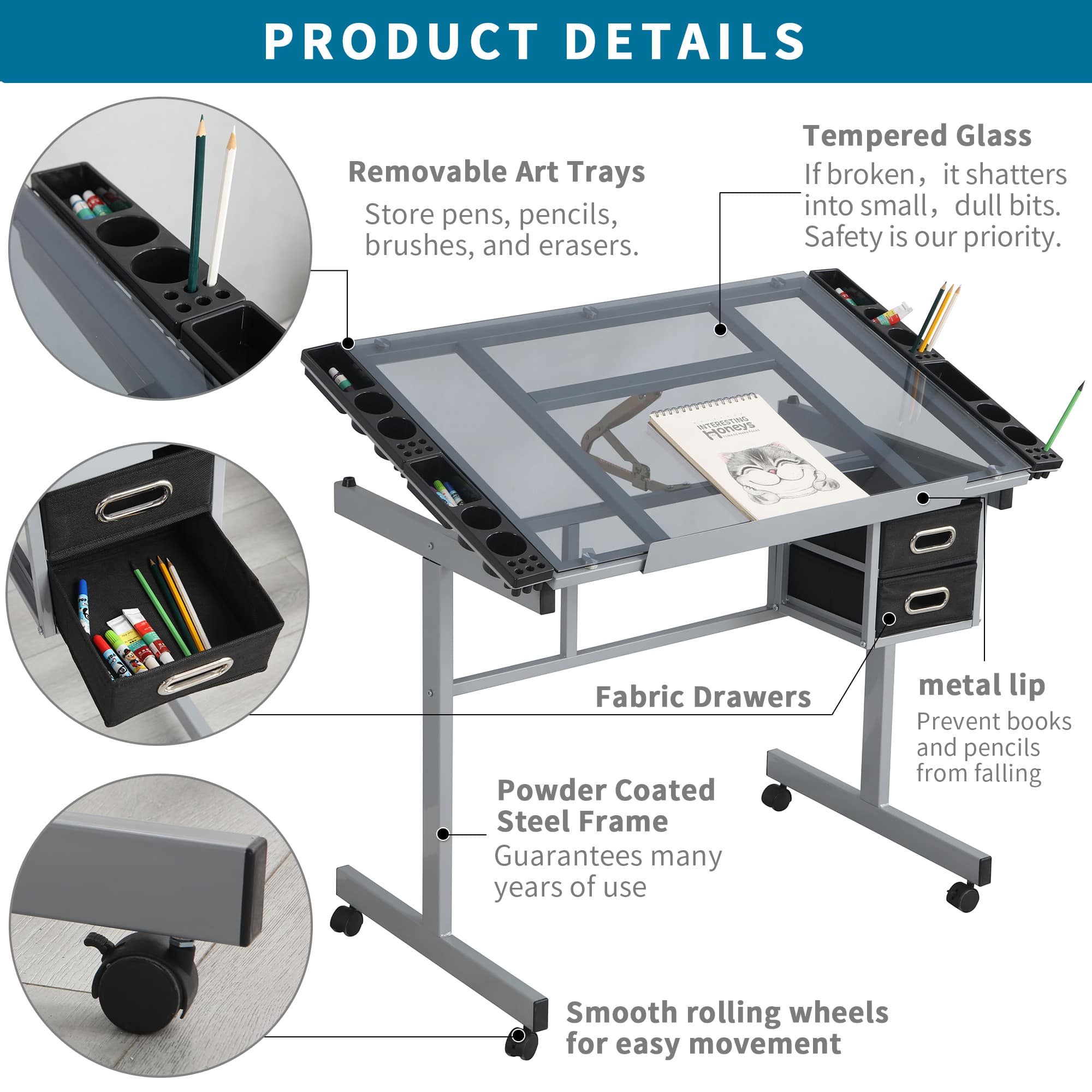 Vynxaria Adjustable Art Drawing Desk with 2 Fabric Drawers 4 Lockable ...