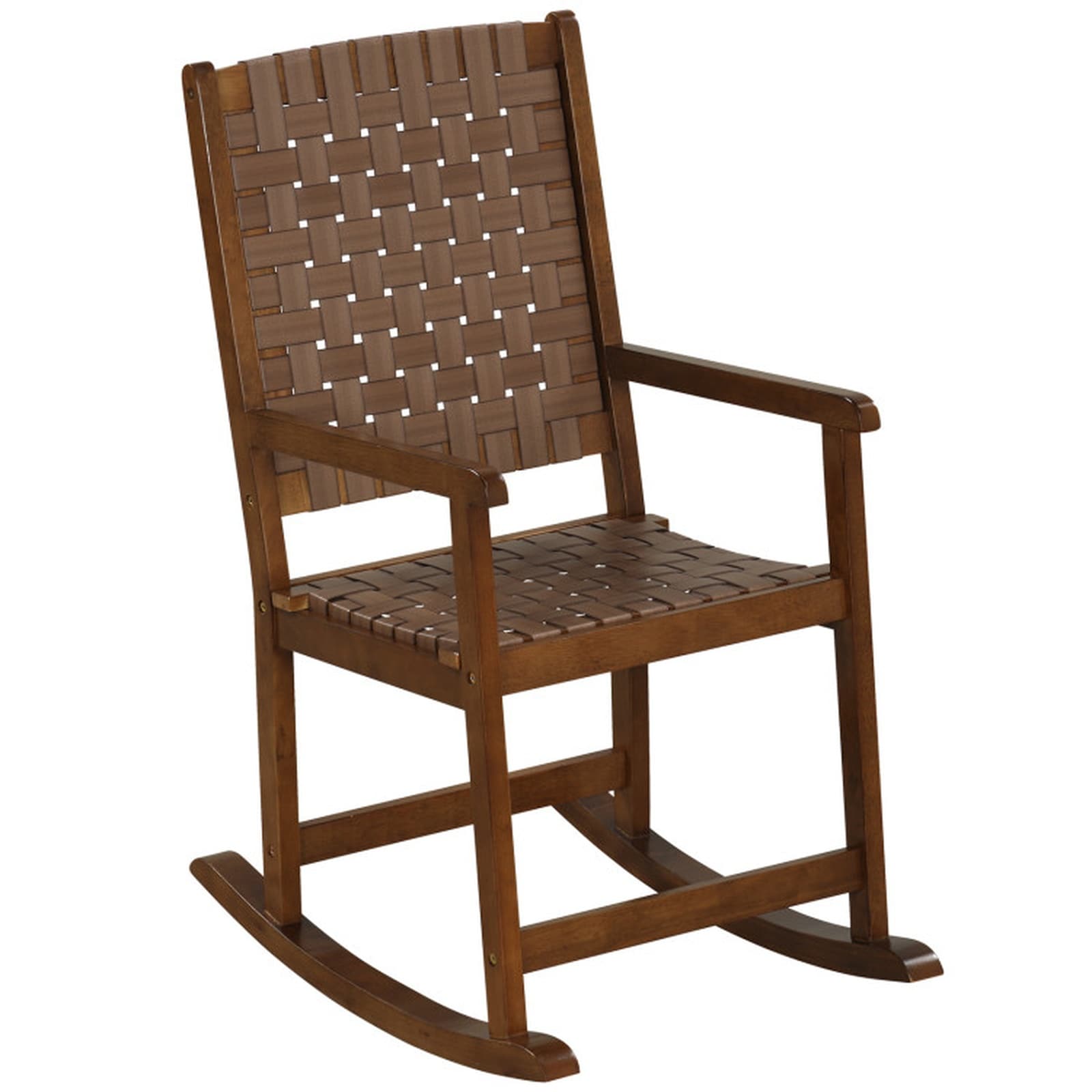 SUGIFT Brown Patio Rubber Wood Rocking Chair with PU Leather Woven Seat ...