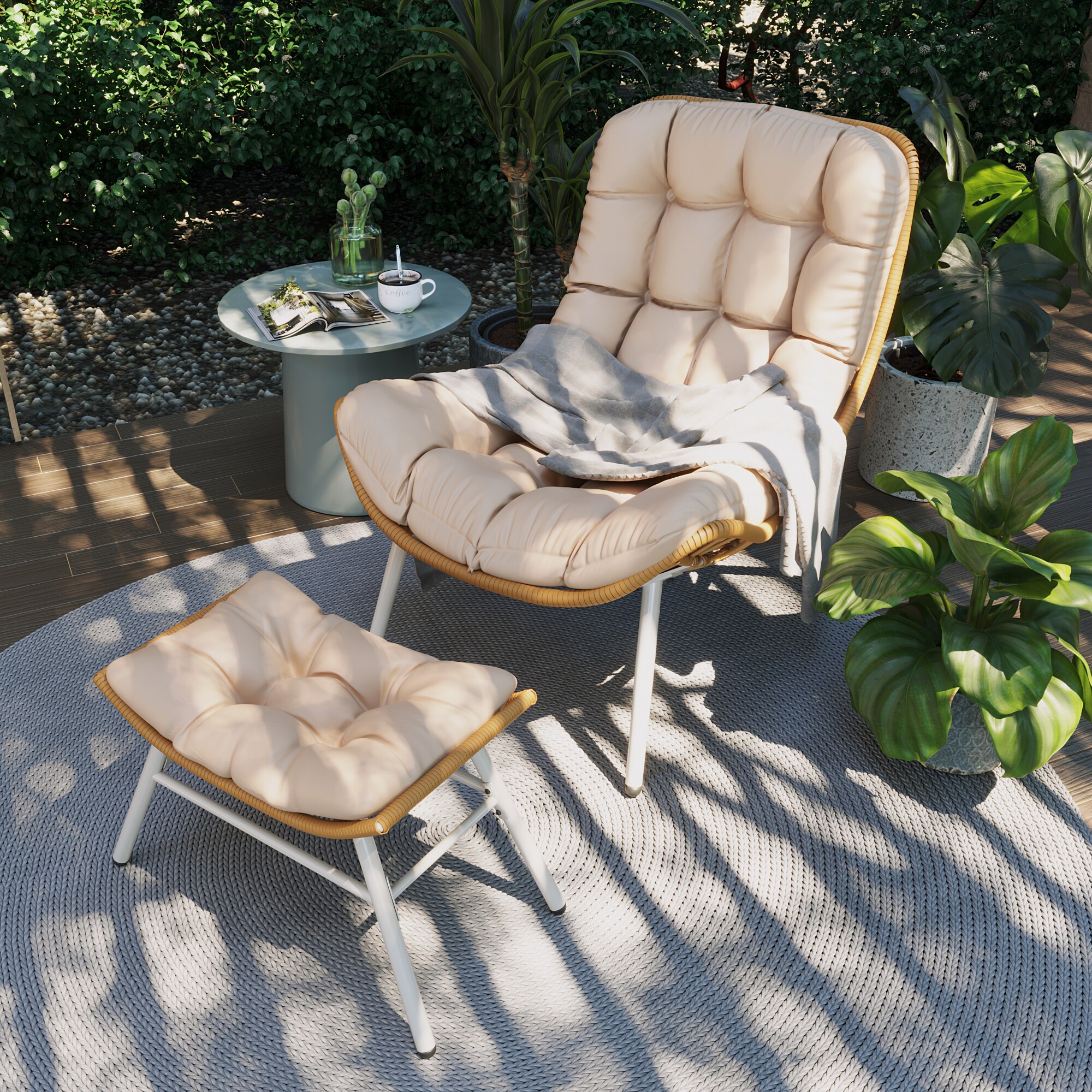 Patio Watcher Recliner Chair Wicker Beige Stainless Steel Frame ...