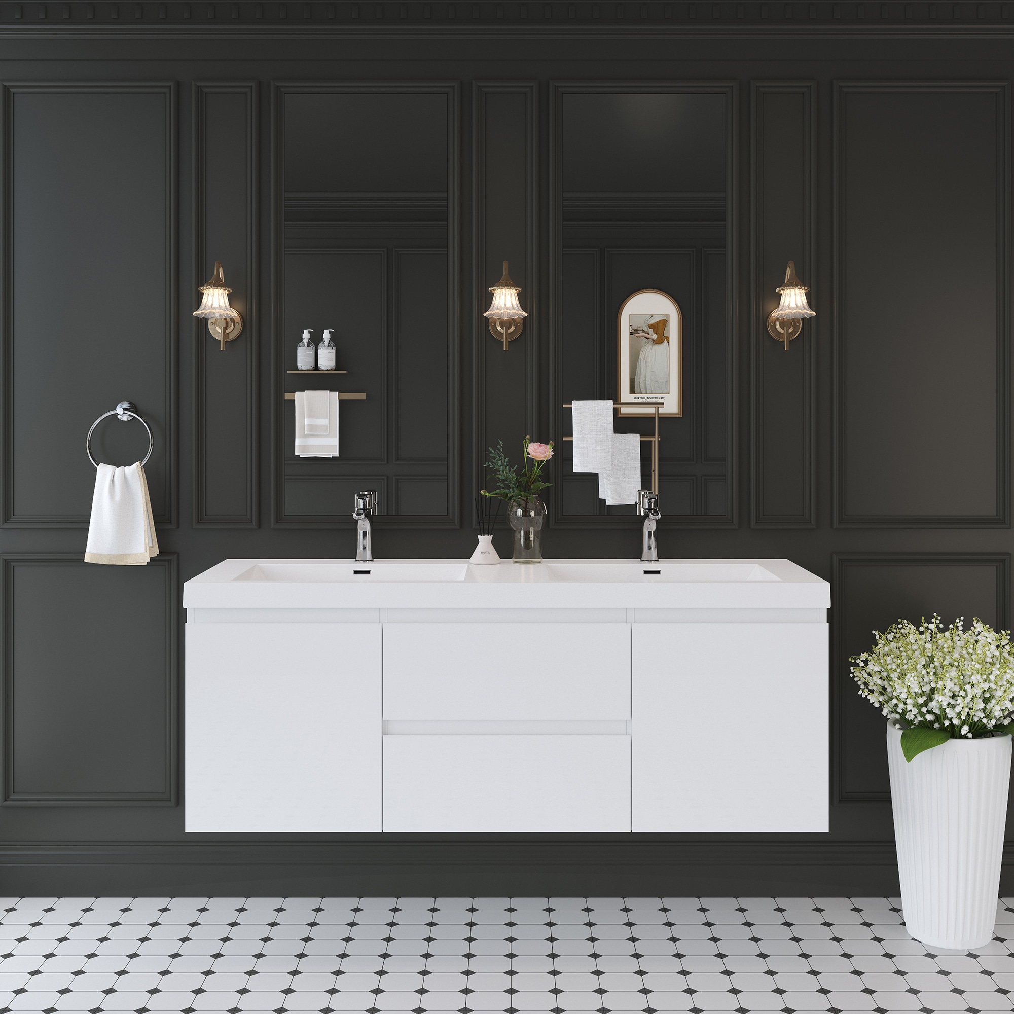 CASAINC 60-in Glossy White Single Sink Floating Bathroom Vanity with ...