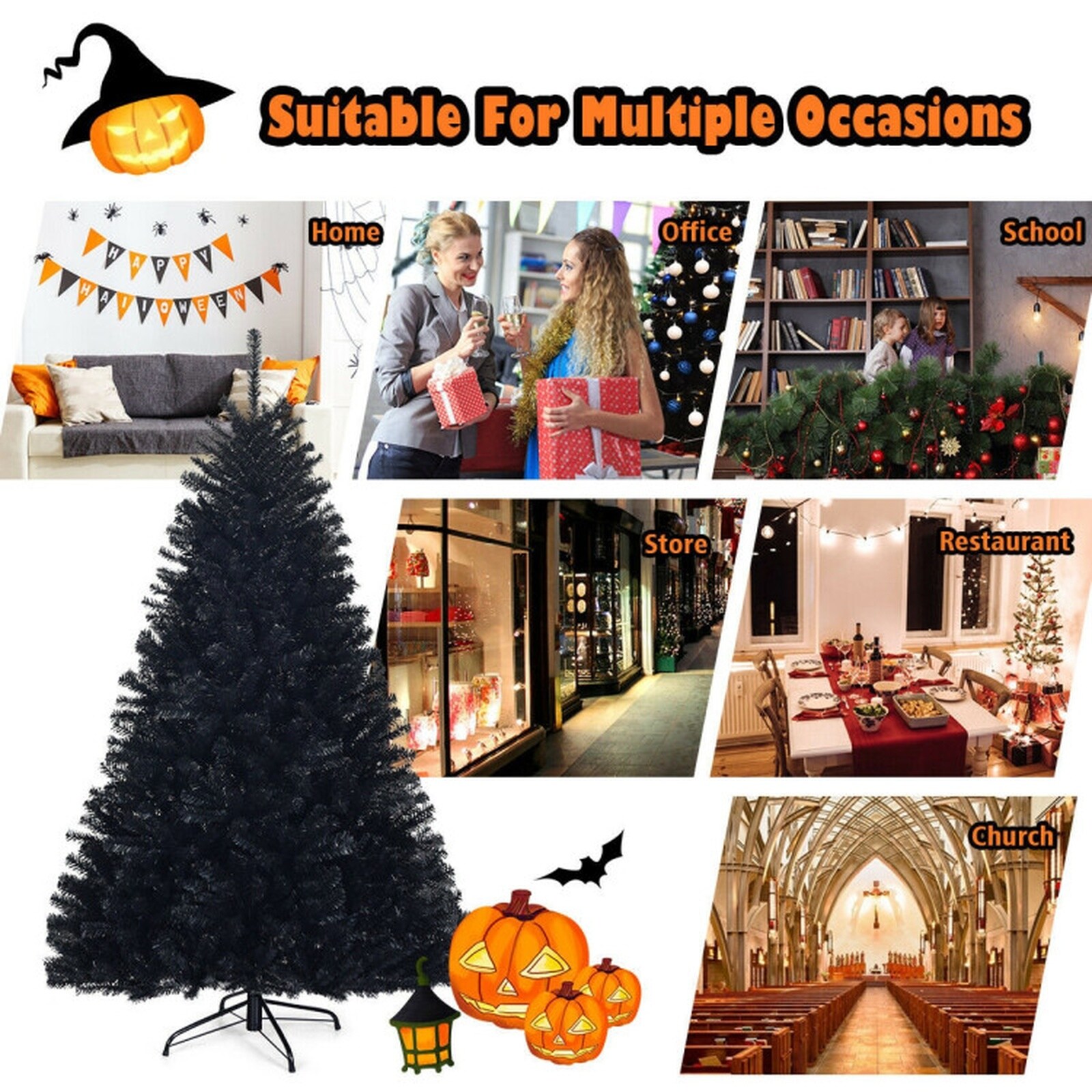 SUGIFT 6-Foot Black Hinged Artificial Halloween Tree 1036 Branch Tips ...