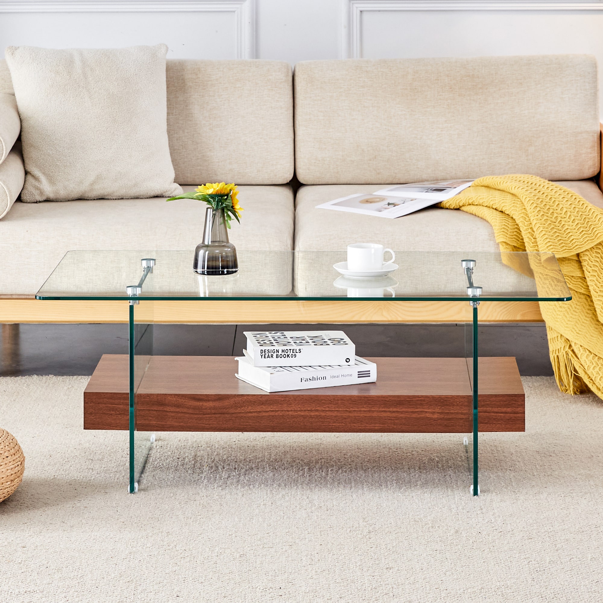 LOVMOR Rectangular Floating Double Layer Coffee Table Brown Glass Legs ...