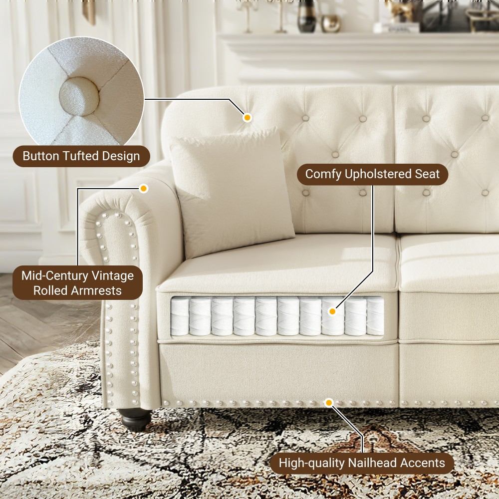 Coolbibila 3-Piece Beige Velvet Living Room Sofa Set Mid Century Tufted ...
