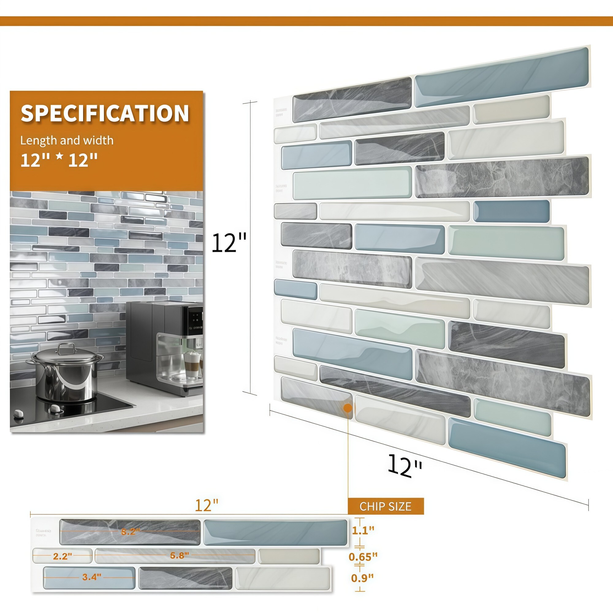 Numhew 12in x 12in 1-Sheet Peel and Stick Grey Blue Finished Backsplash ...