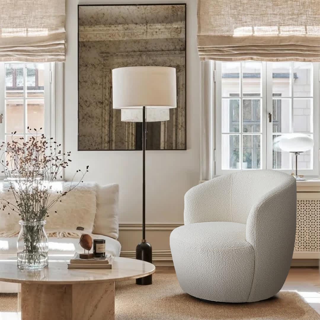 Maison Boucle Modern Beige Boucle Swivel Accent Chair with Armrests ...