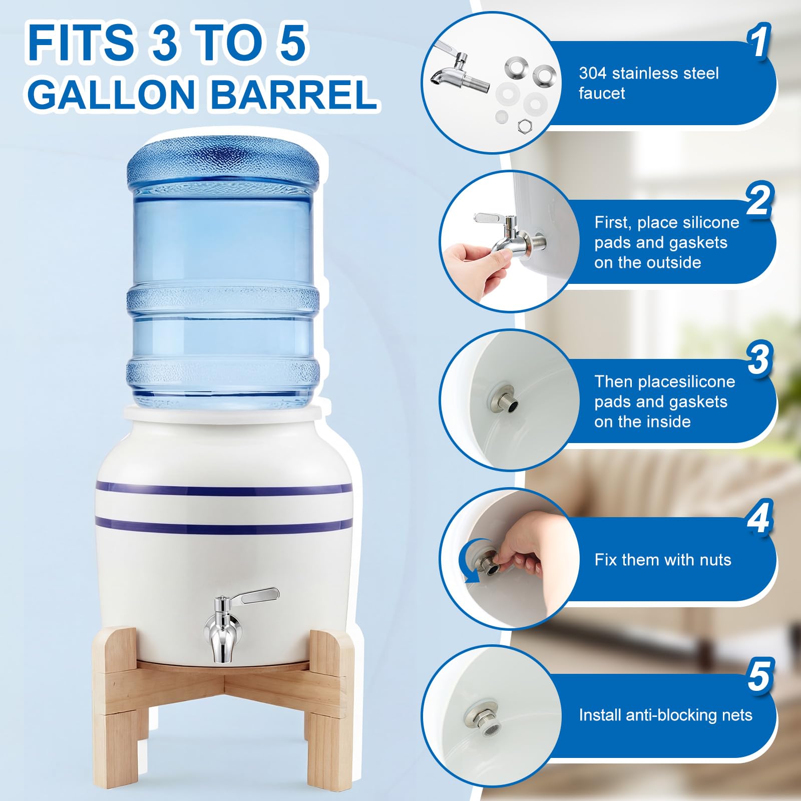 Phyfalip Ceramic Water Dispenser Crock with Wood Stand 304 Stainless ...