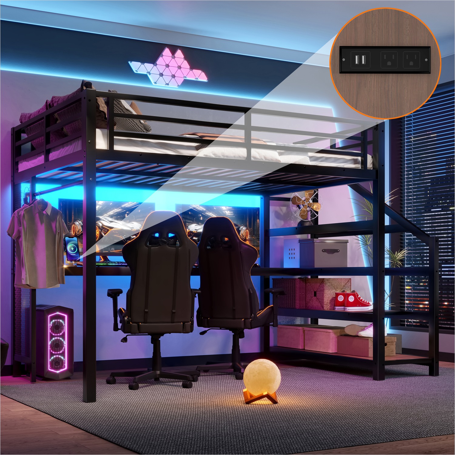 Watnature Space-Saving Full Loft Bed with Built-In Desk Storage Stairs ...