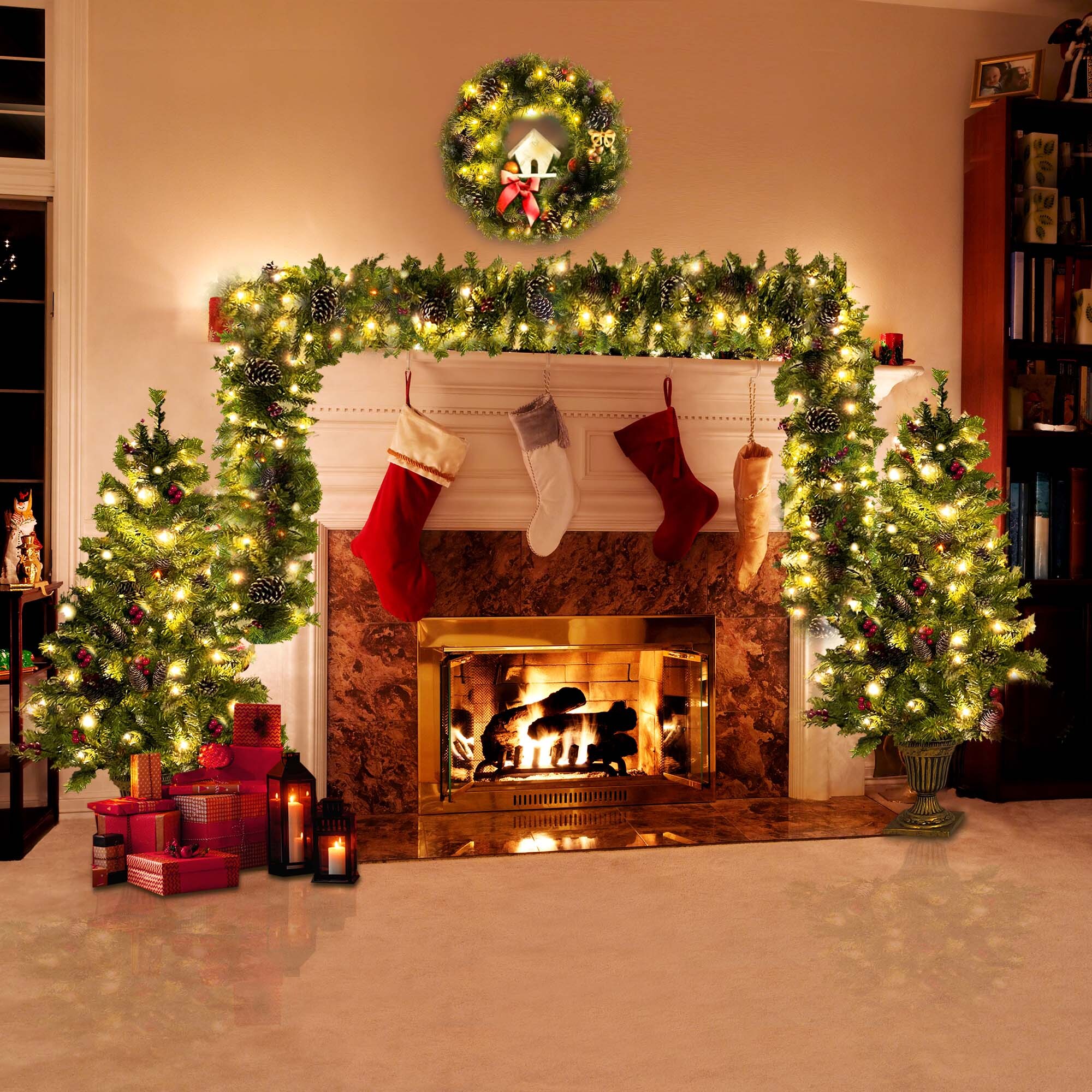 4-Piece Pre-lit Artificial Christmas Set Includes Garland Wreath and 2 ...