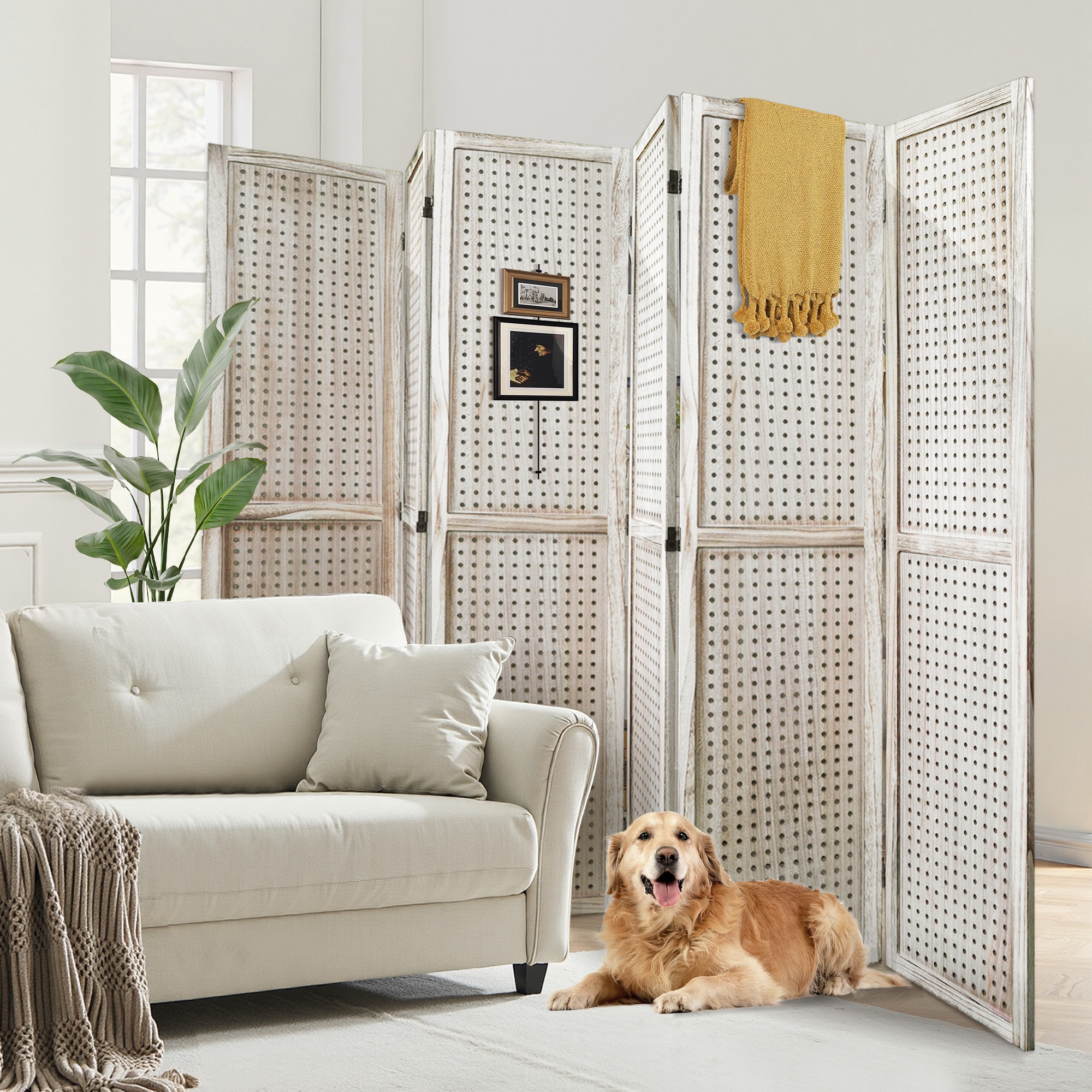 Wooakway 66.93-in H 6 Panel Pegboard Room Divider Solid Wood Folding ...