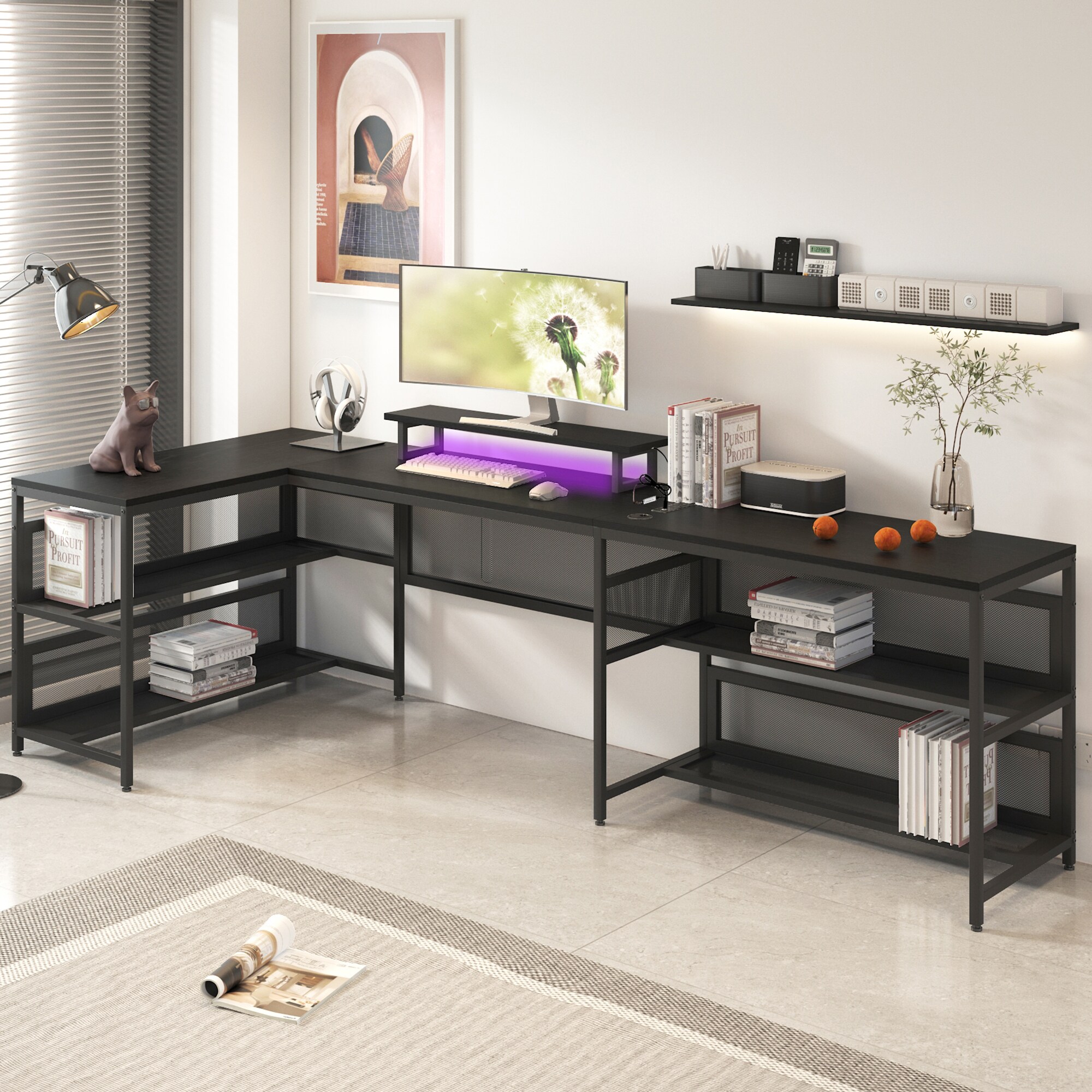 GZMR U-shaped Desk with Shelve and LED lights 42.5-in Black Modern ...