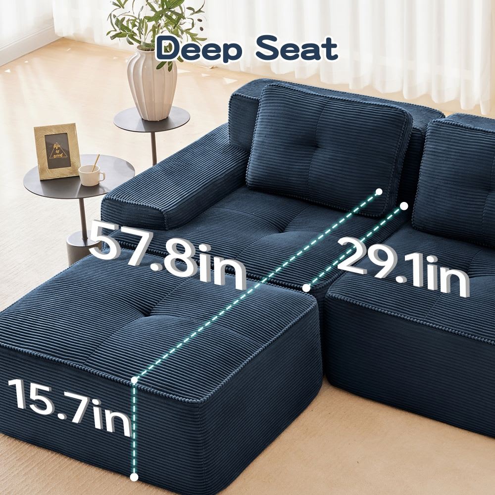 Coolbibila 117 in Modern Blue Corduroy L Shaped Modular Sectional Sofa ...