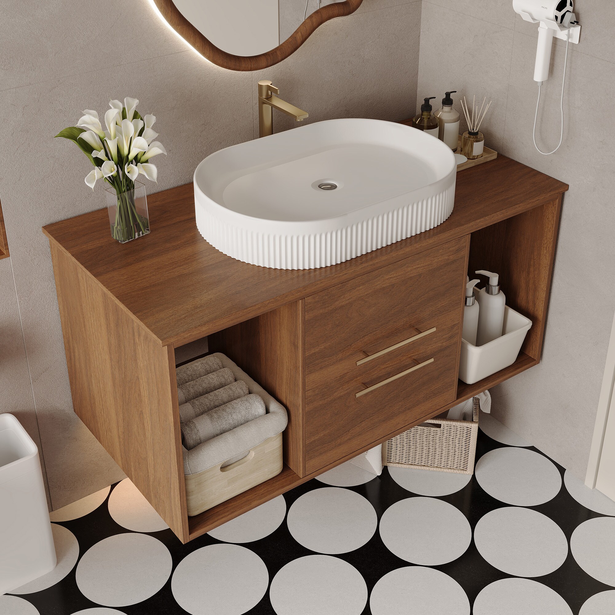 39.4 inch Wall Mounted Bathroom Vanity with Oval Ceramic Sink Multi ...