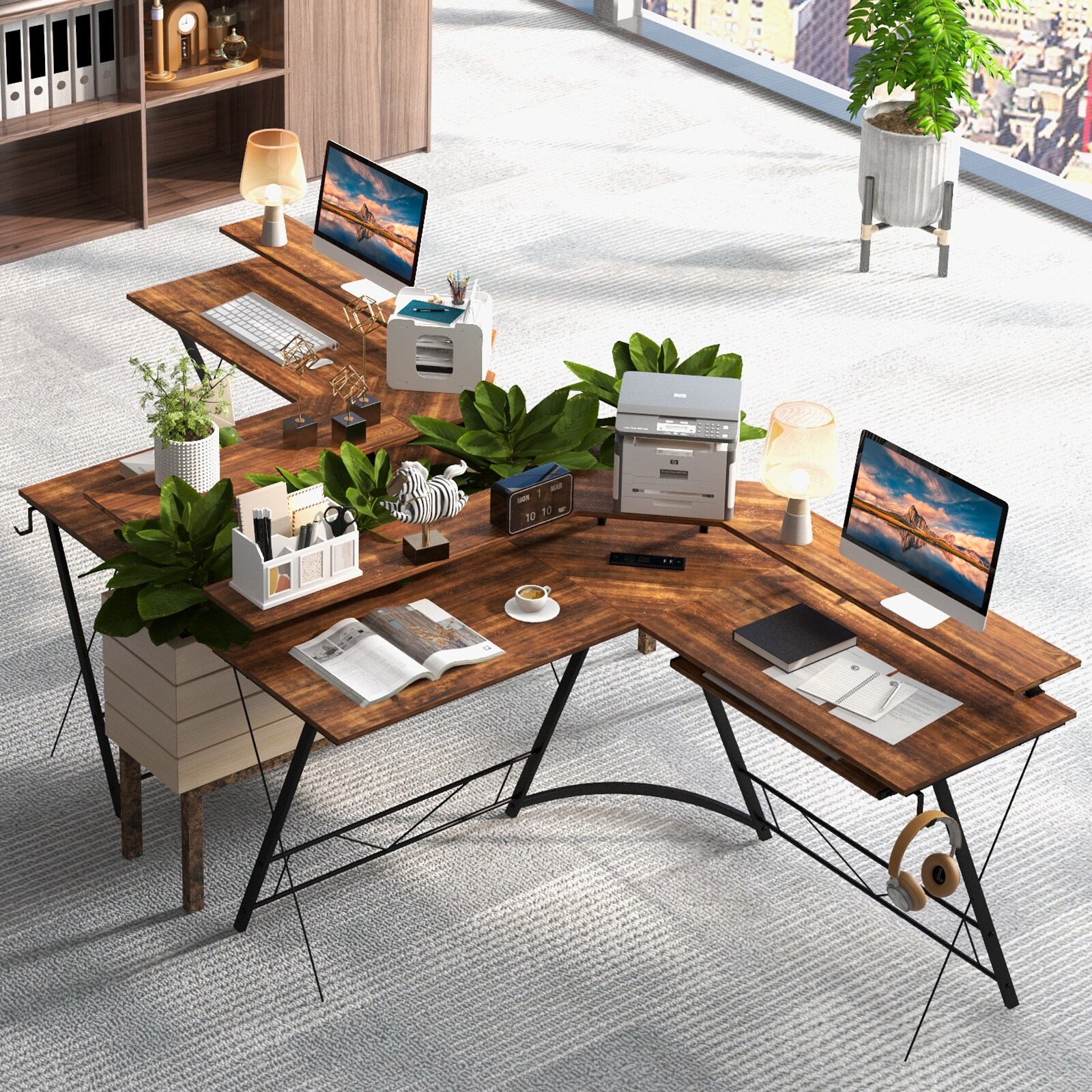 Fenbeli L Shaped Computer Desk with Monitor Stand Charging Station and ...