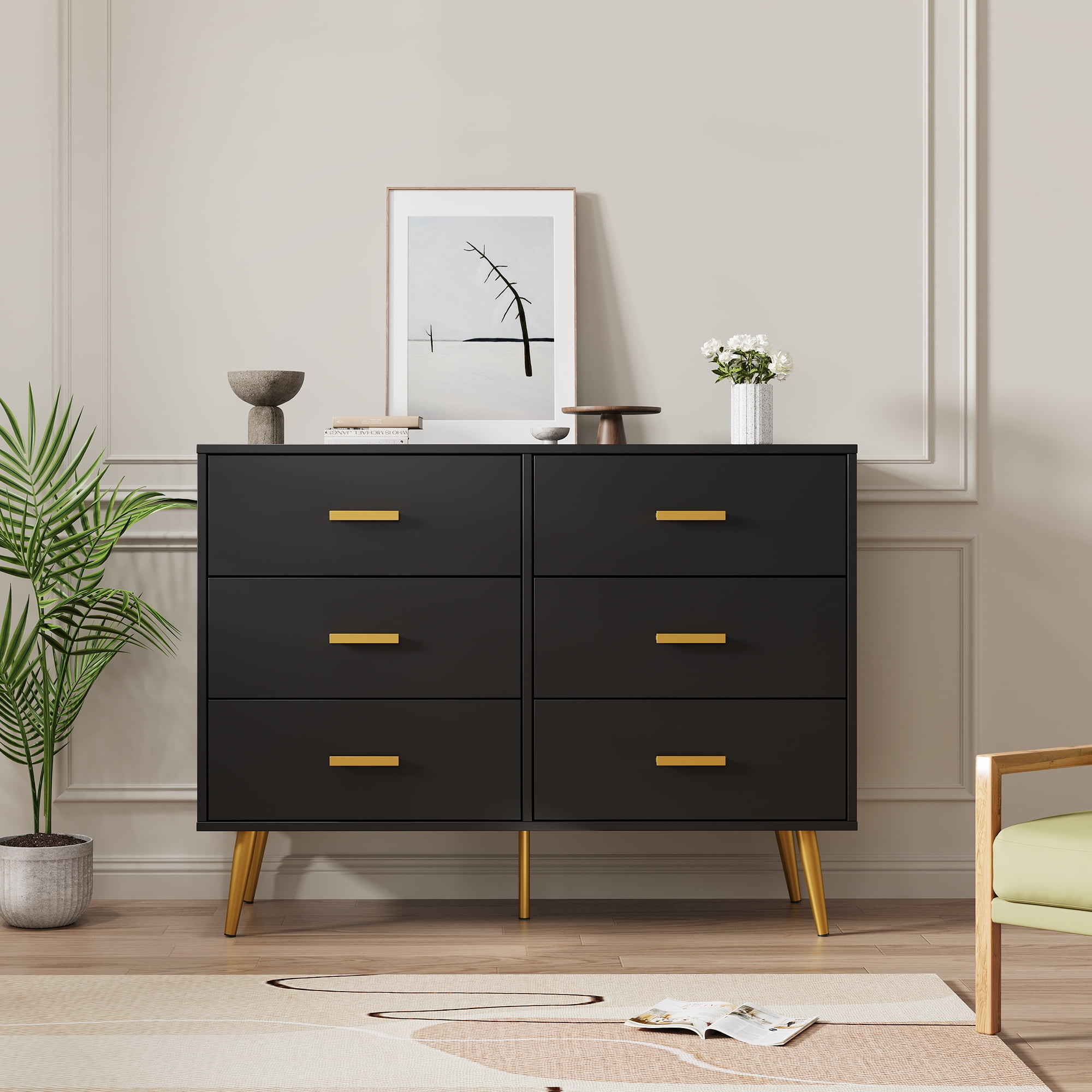 GAOMON 6-Drawer Chest of Drawers- PB Board with Black Gold Hardware ...