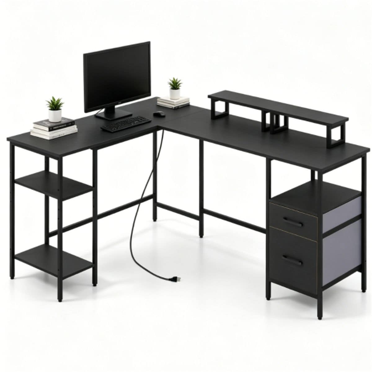 JUSHUA L-Shaped Corner Desk with Charging Station Reversible Monitor ...