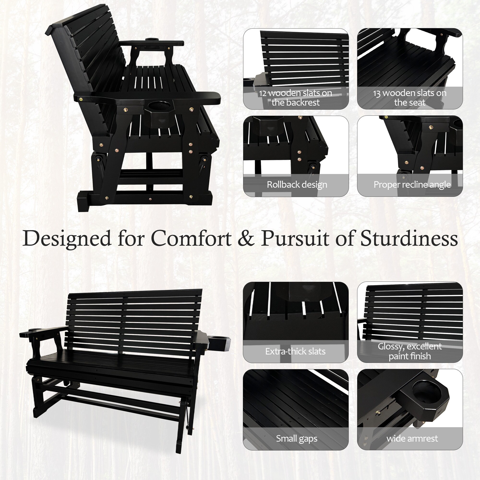 Fortune Candy 2-Seater Black Patio Glider with Cup Holders Featuring ...
