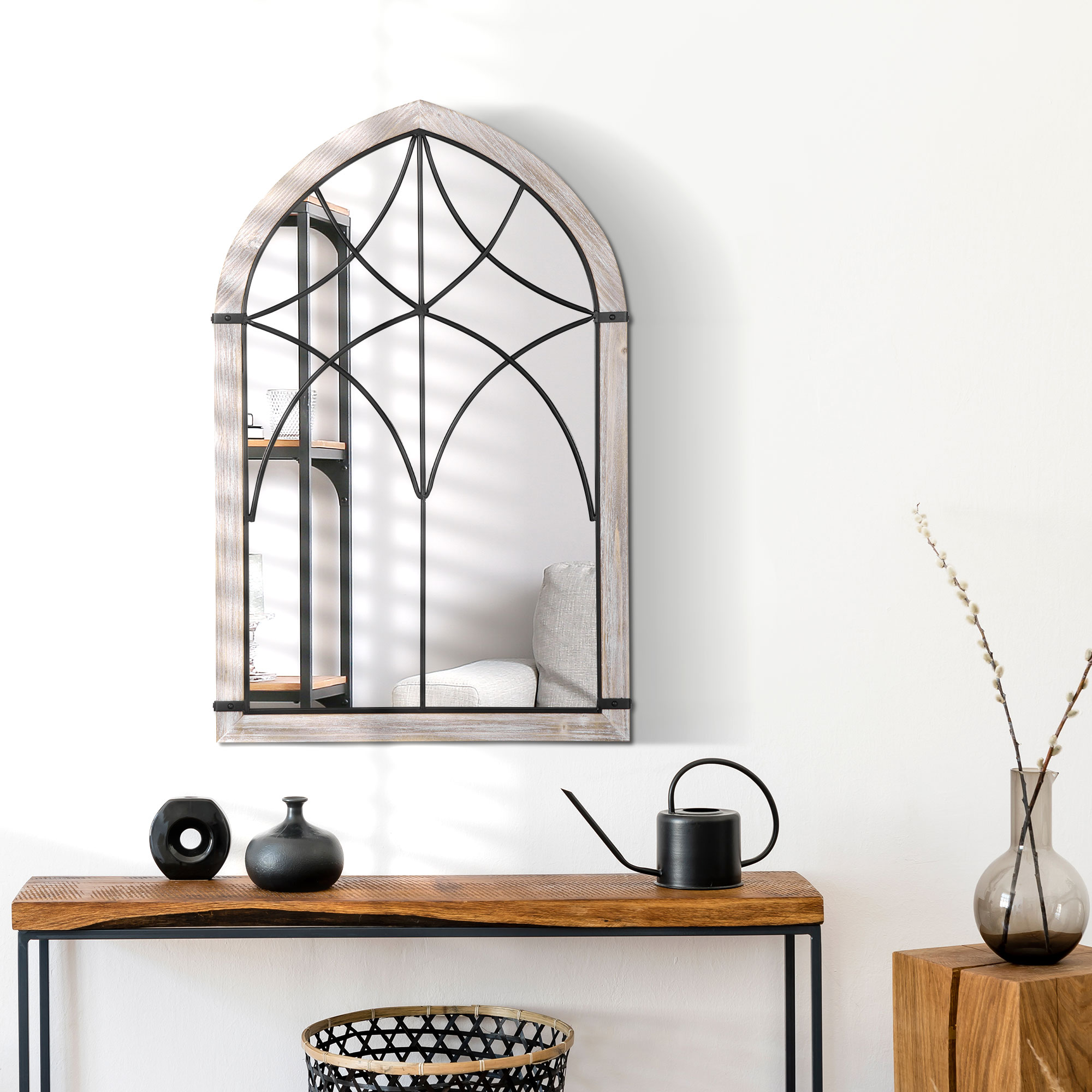 LOVMOR 365x235IN Rustic Wood Grain Farmhouse Arch Window Mirror Living ...