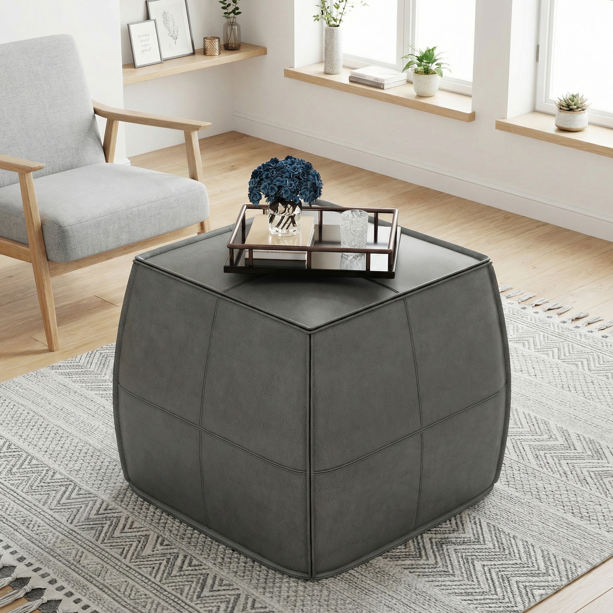 Czpalo Modern Square Leather Ottoman Gray Pouf Ottoman in the Ottomans ...