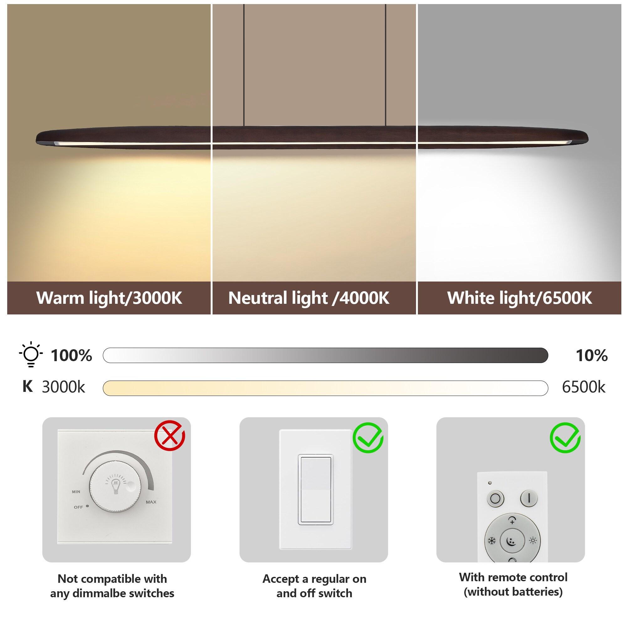 Tatayosi 51-inch Streamline Wooden LED Pendant Light with Remote ...