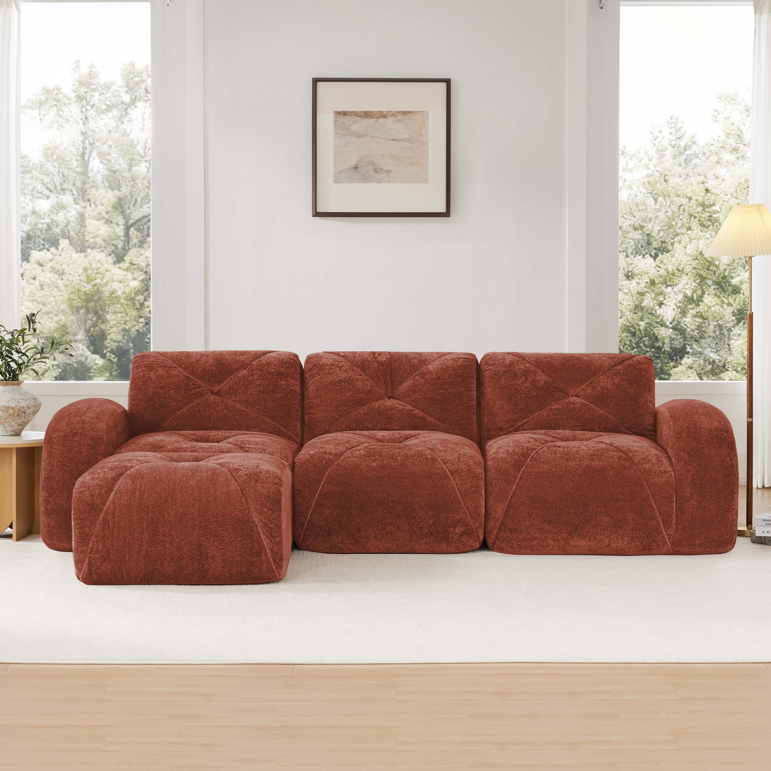 Clihome L-shaped Boneless Sofa 110.6-in W Modern Red+Brown Velvet 4 ...