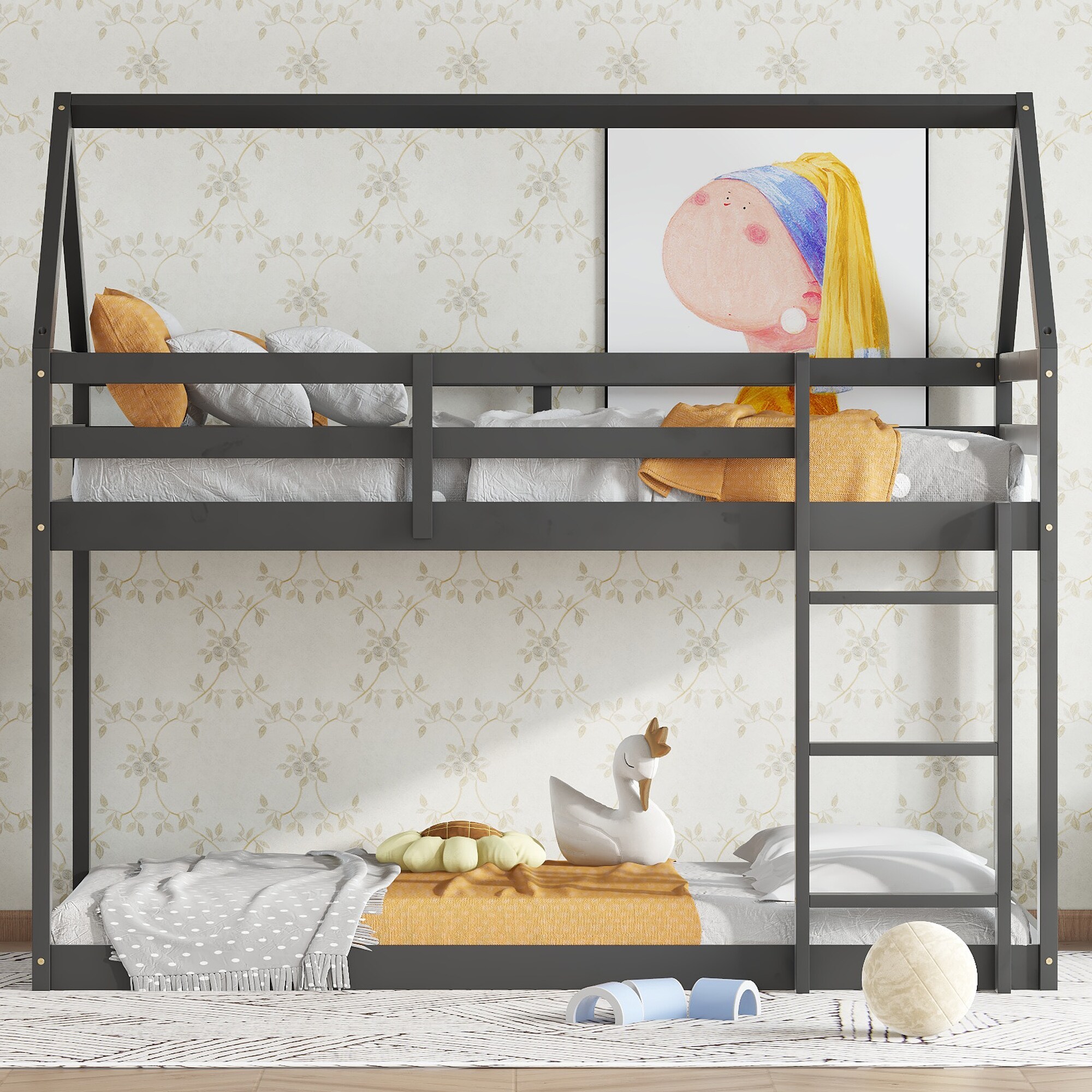 KTMBDW Low Bunk Bed Twin Over Twin - Floor Bunk Bed with Ladder and ...