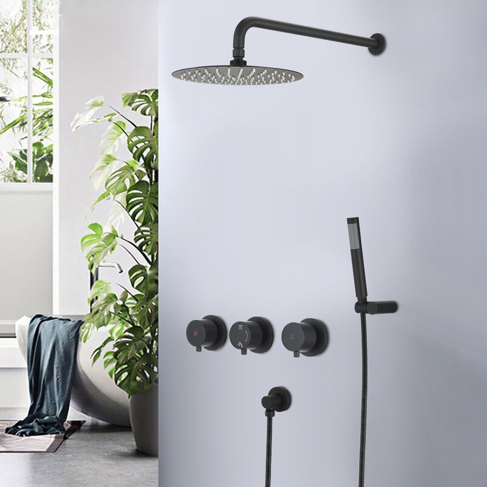 Wellfor Concealed Valve Shower System Matte Black Dual Head Waterfall