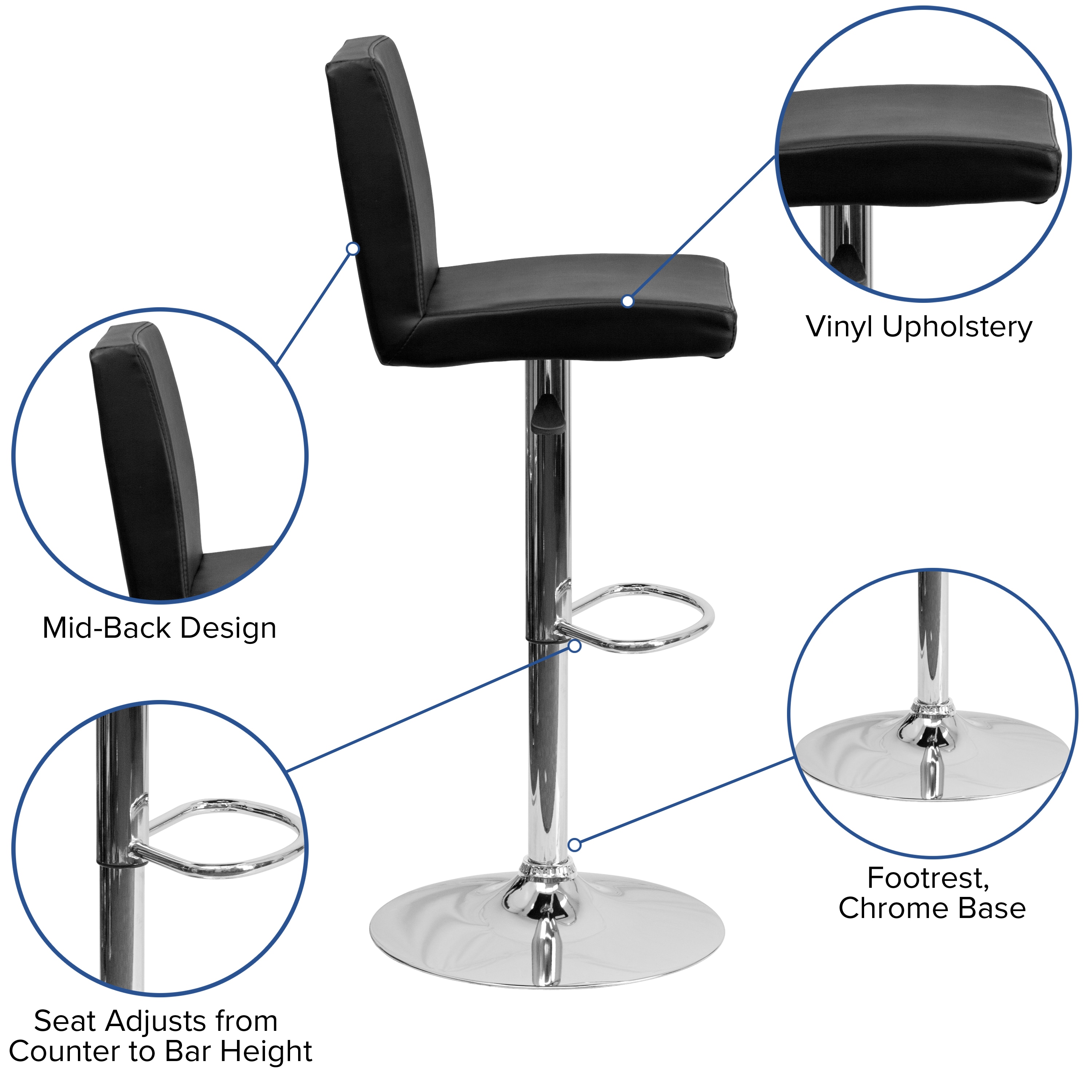 Emma + Oliver Black Vinyl Adjustable Height Panel Back Barstool in the ...