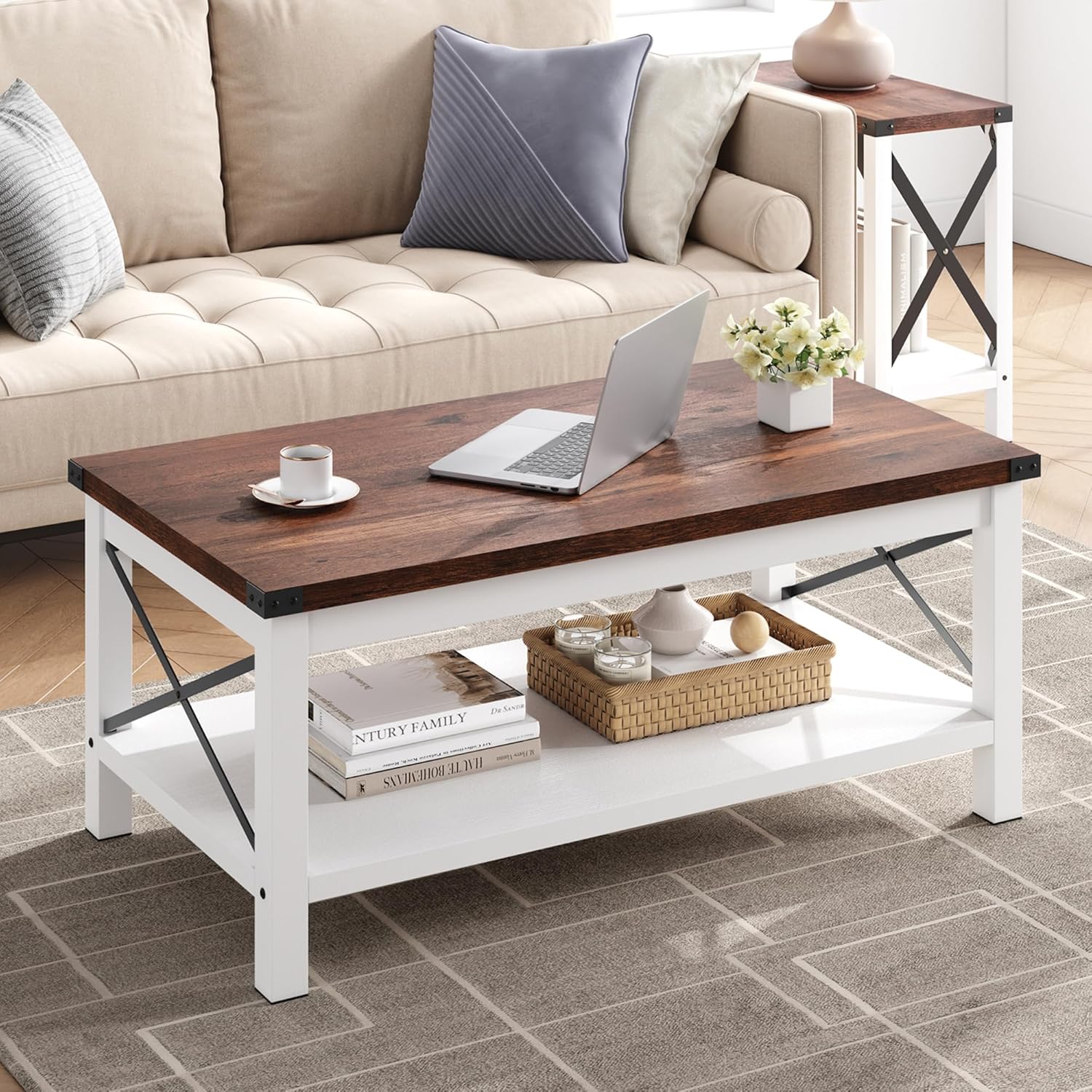 Garvee Farmhouse Coffee Table 2-Tier Rustic Center Table Living Room ...