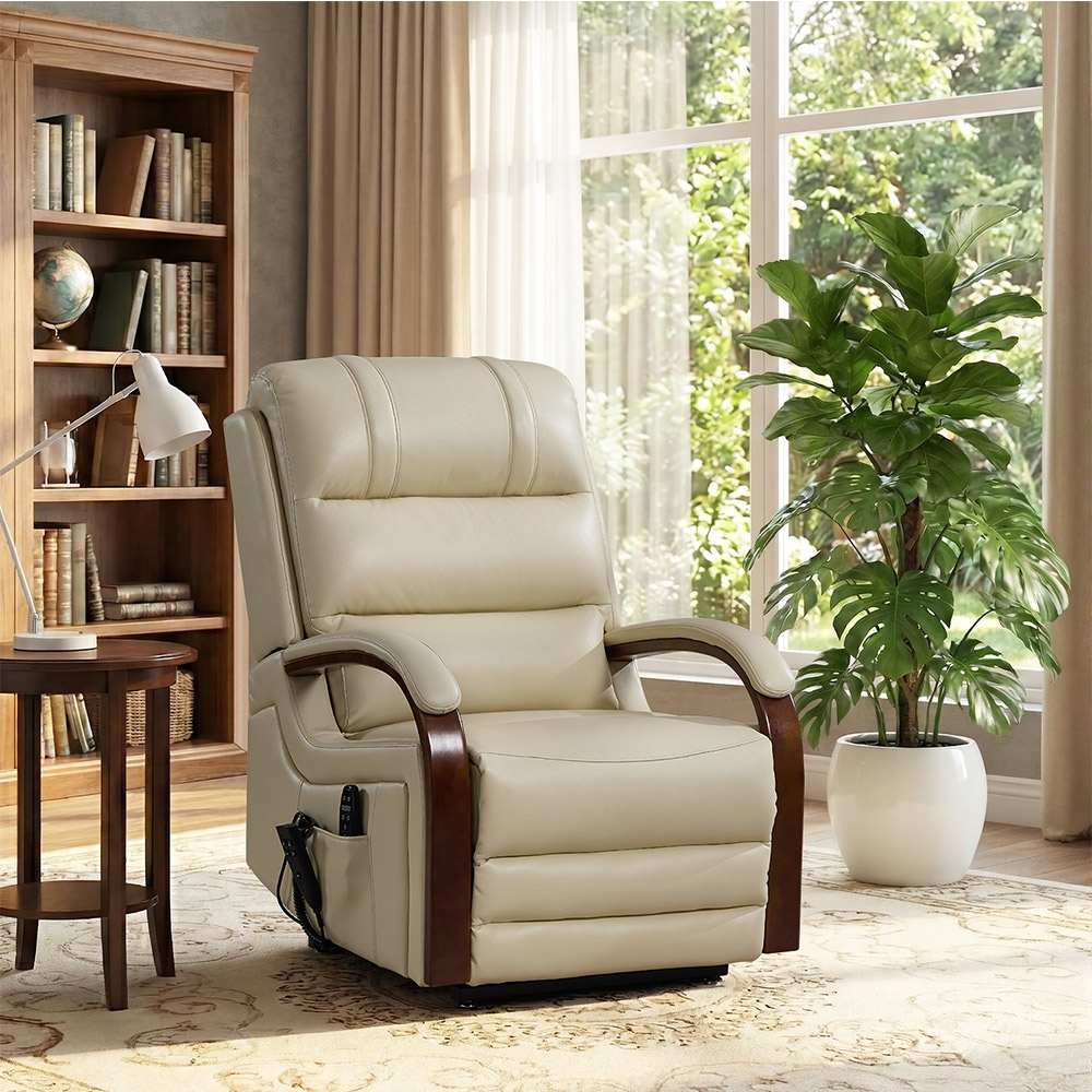 Coolbibila Beige Faux Leather Power Lift Recliner Chair with Massage ...