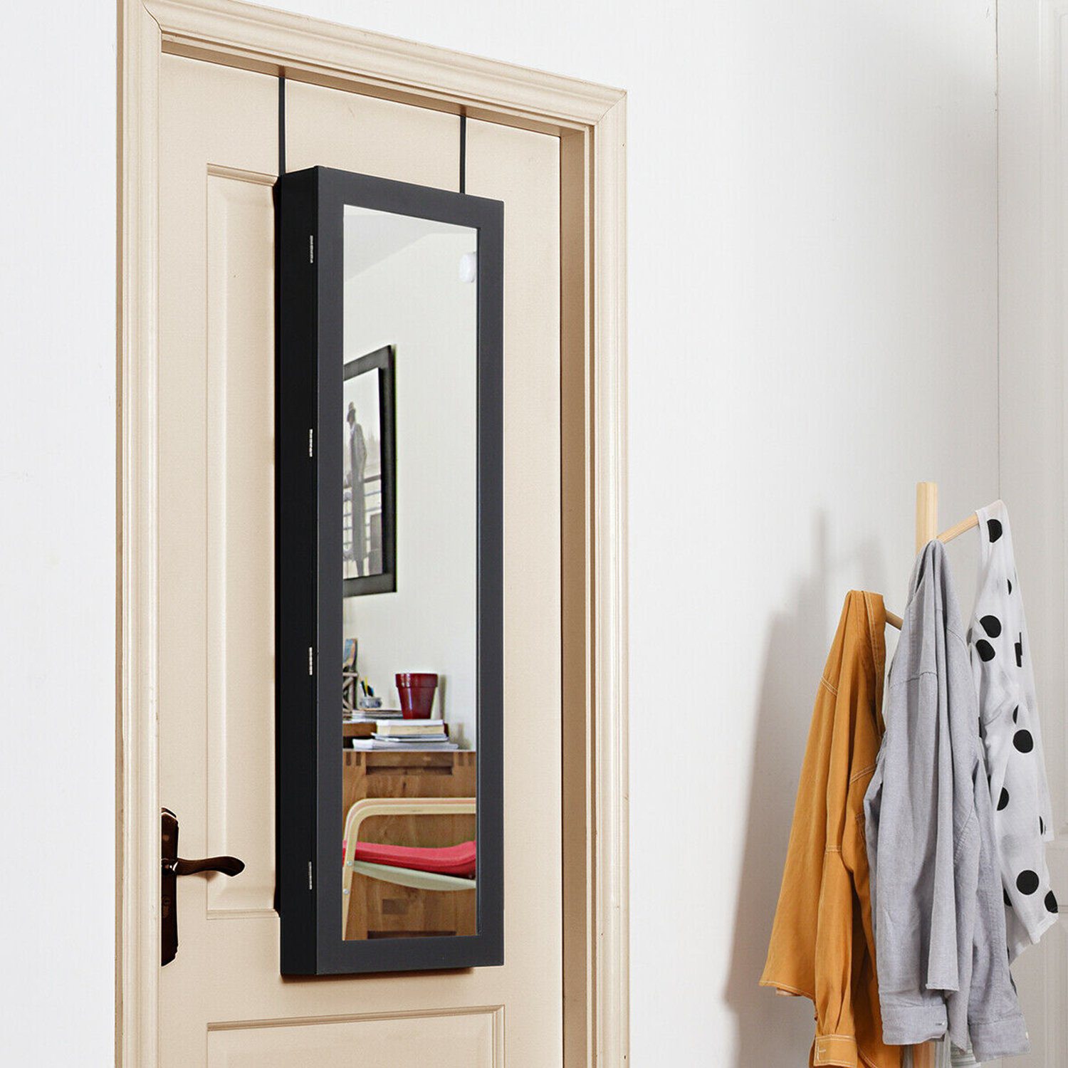 Costway Wall Door Mounted Mirror Jewelry Cabinet Organizer withLED ...