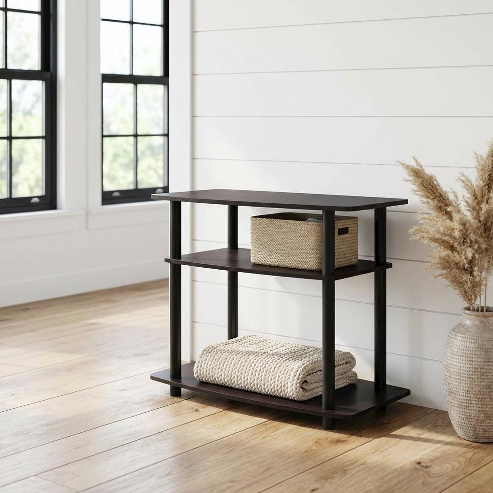 FurniFact Dark Walnut TV stand with 3-tier open shelves and modern ...