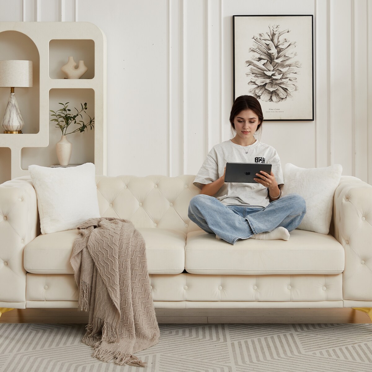 Streamdale Furniture Streamdale Velvet 3+3 Seater Sofa with Solid Wood ...