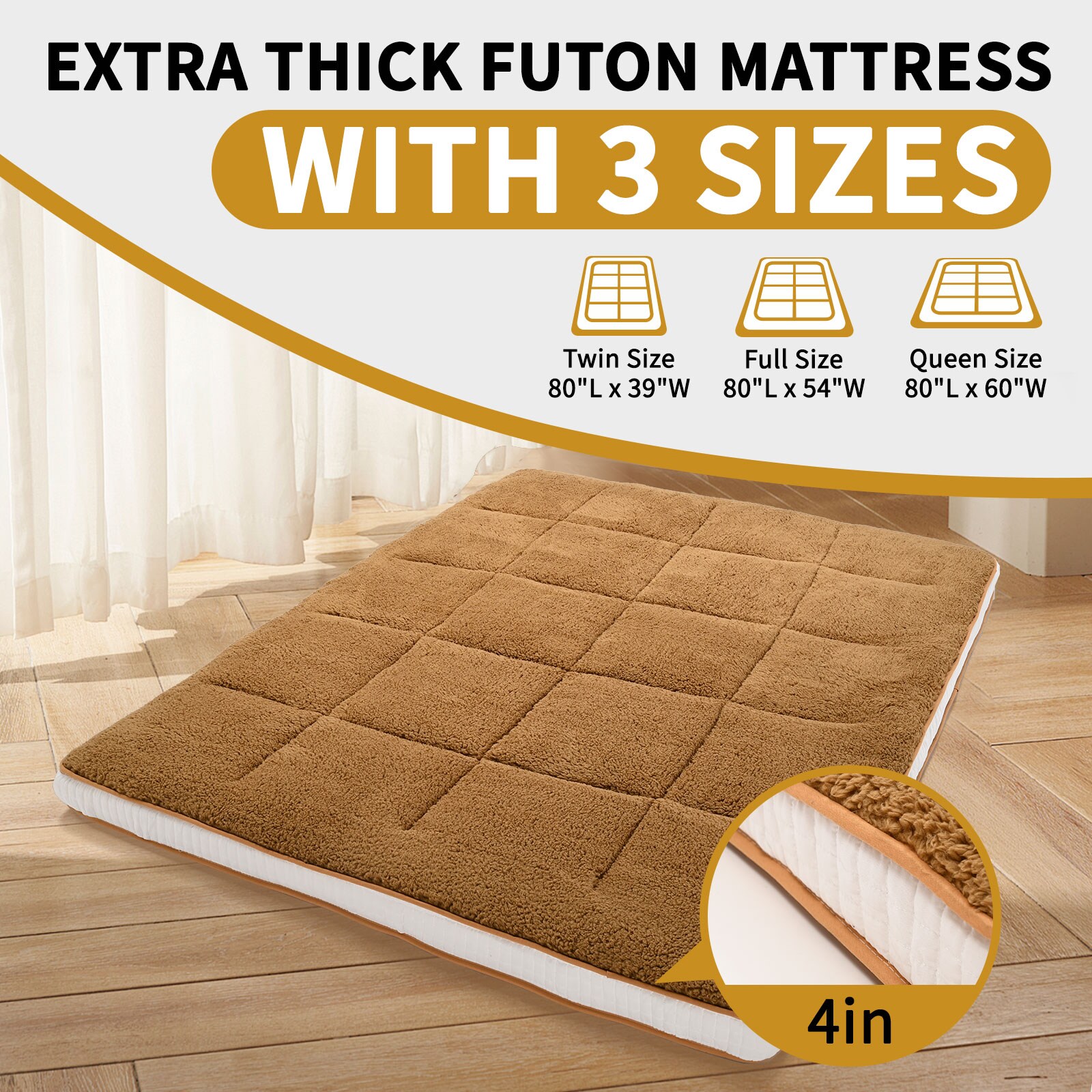 DOCRED 4 inch Extra Thick Foldable Sherpa Fleece Japanese Futon Floor ...
