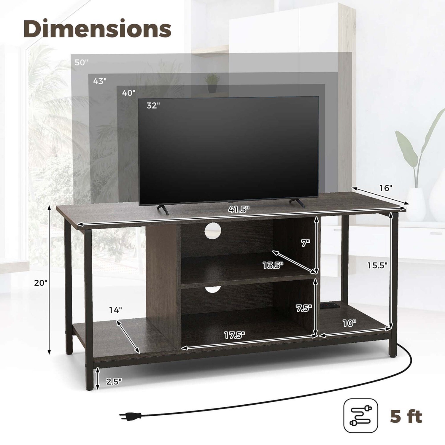 Costway TV Stand with Power Outlet USB and Type-C Port 3-tier TV ...