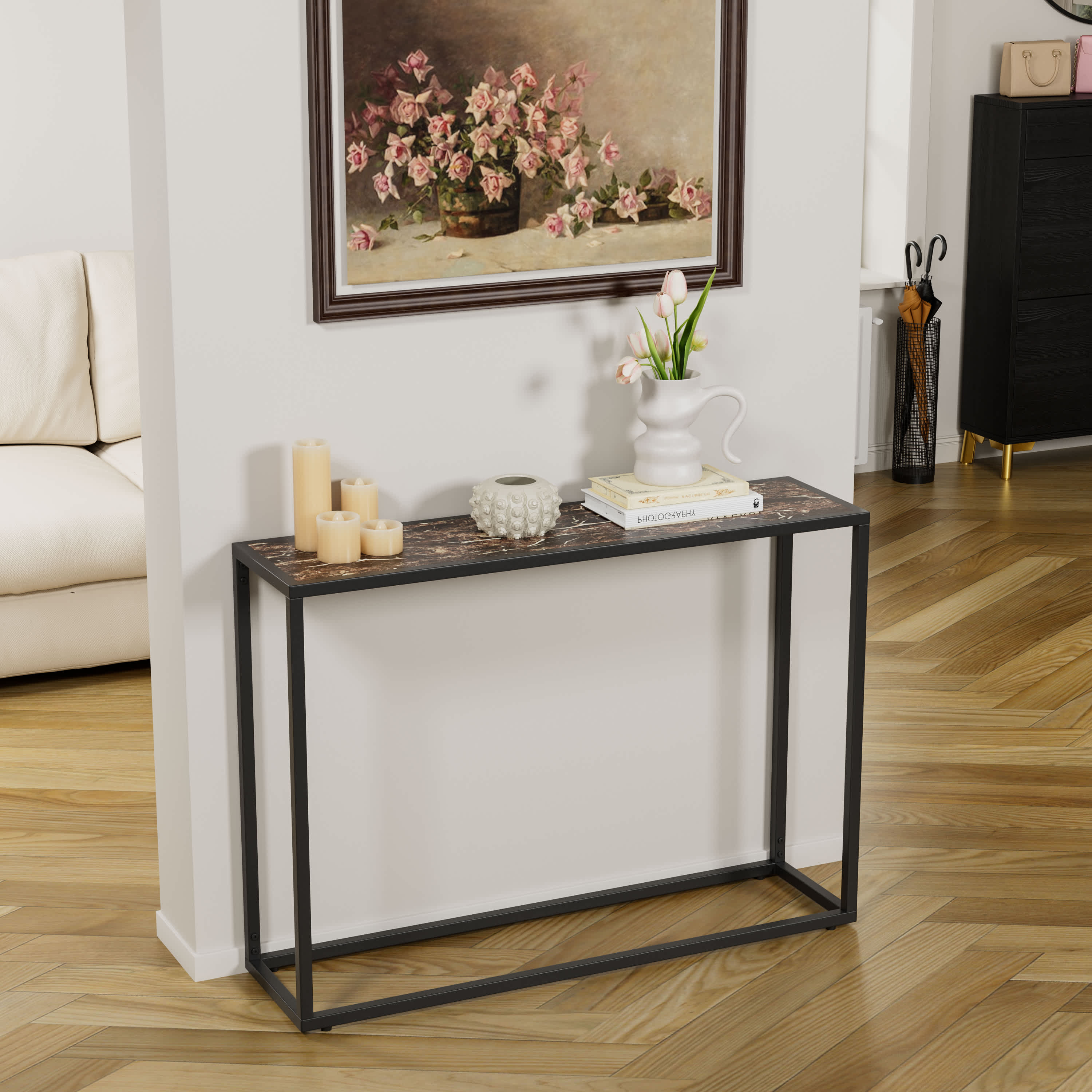 Vynxaria Narrow Console Table Industrial Style High End Edge Wrapped ...
