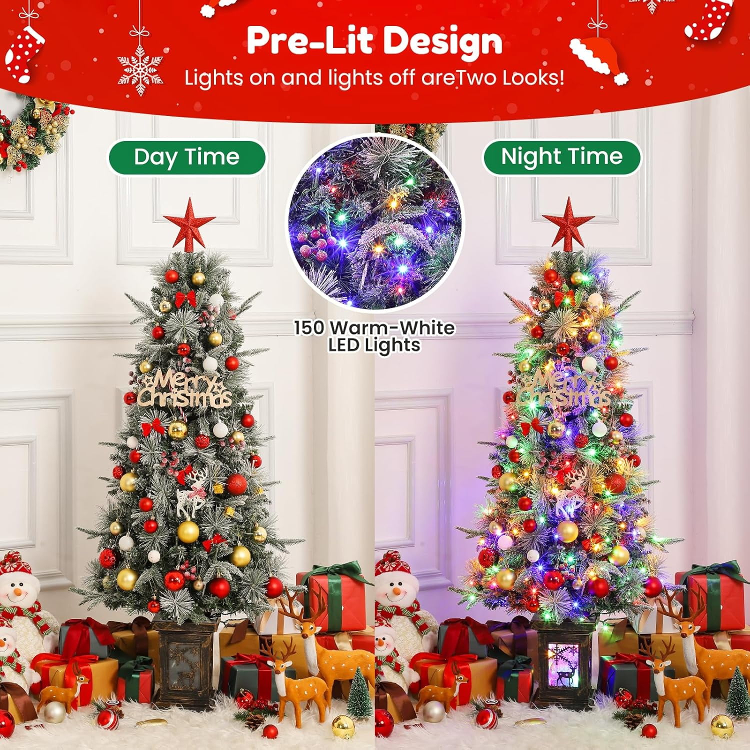 GAOMON 4.5ft Pre-Lit Snow Flocked Small Christmas Tree- 150 LED Lights ...