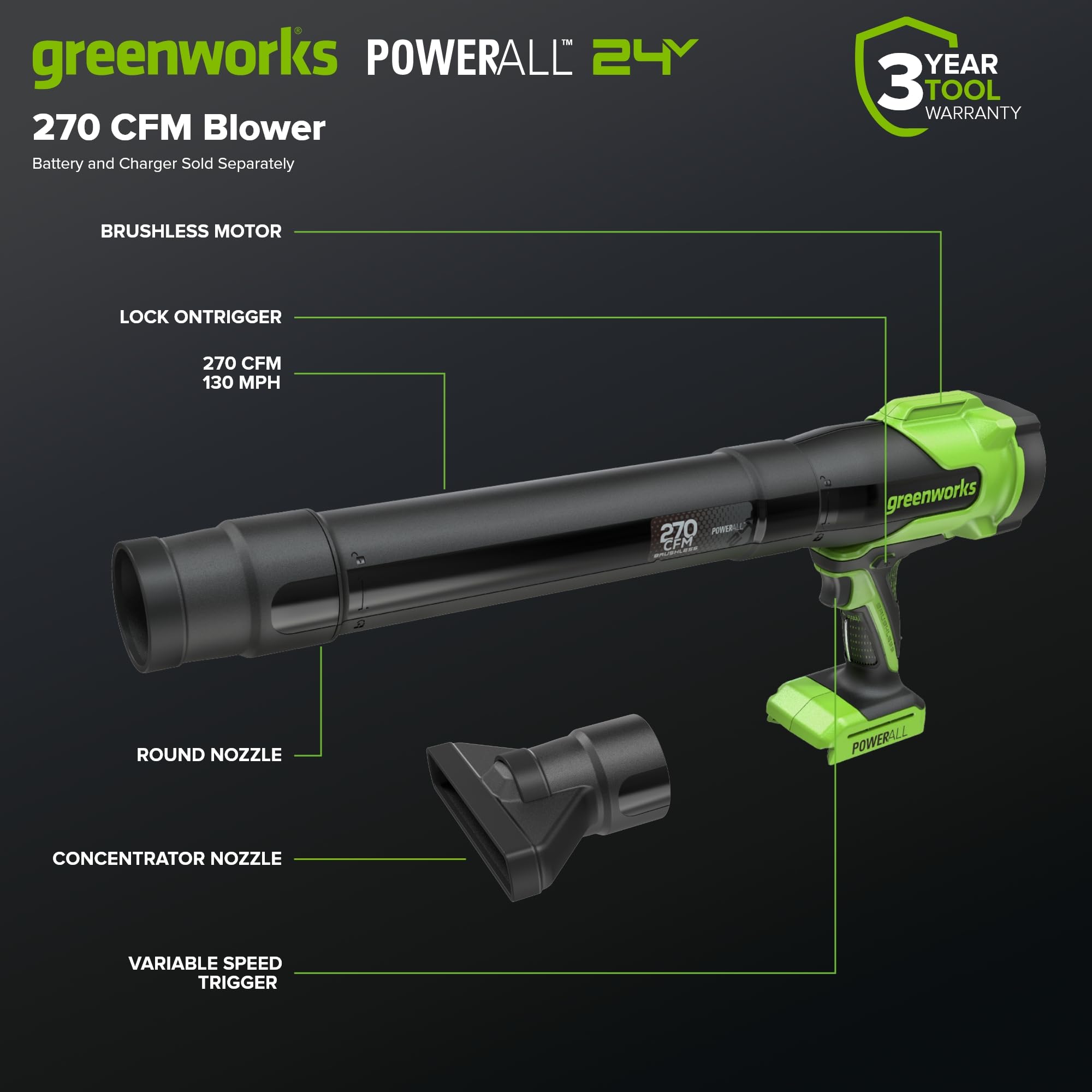 Greenworks 24-volt 270-CFM 130-MPH Battery Handheld Leaf Blower Battery ...