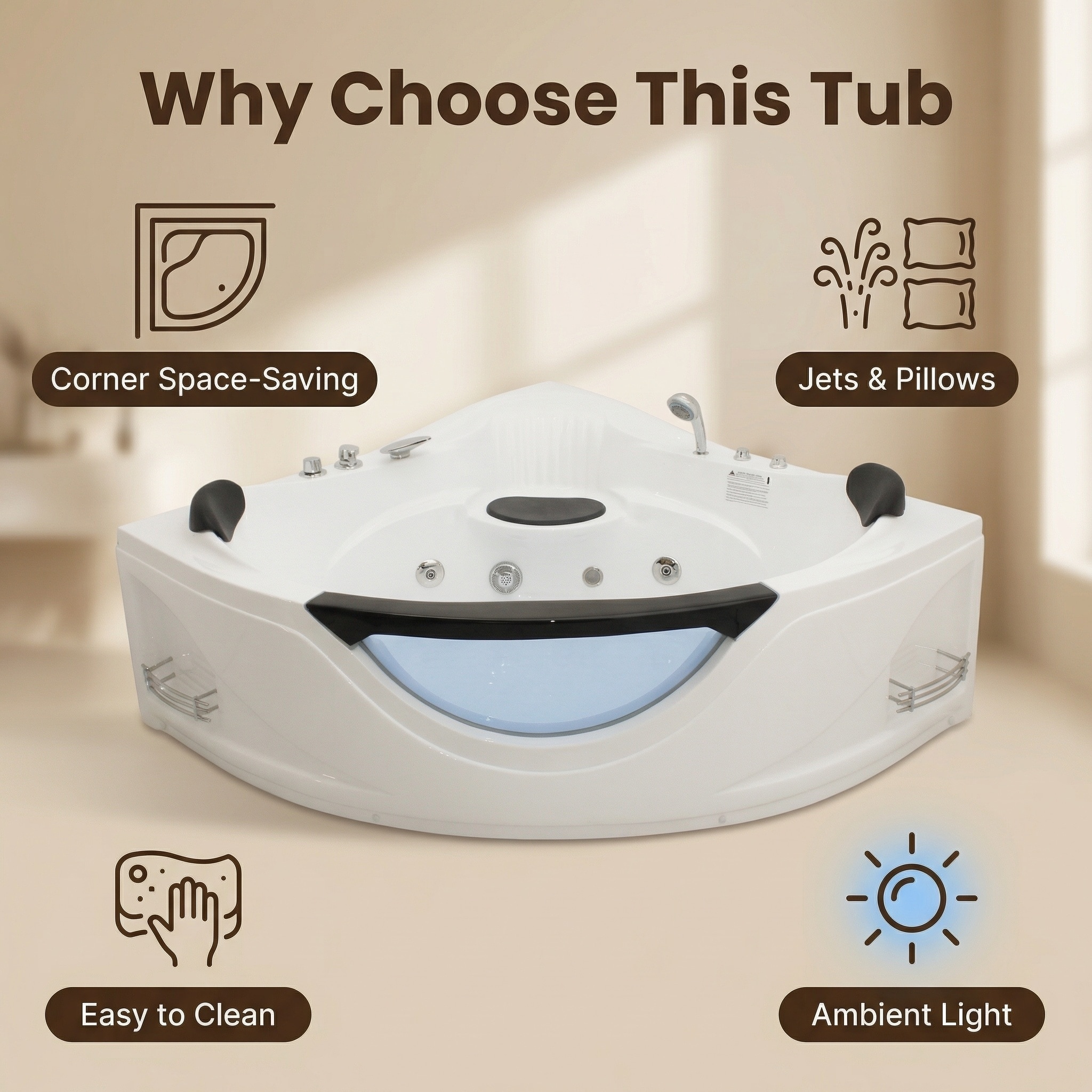 LIVACA 59 inch Milk White Acrylic Corner Whirlpool Bathtub with 6 Hydro ...
