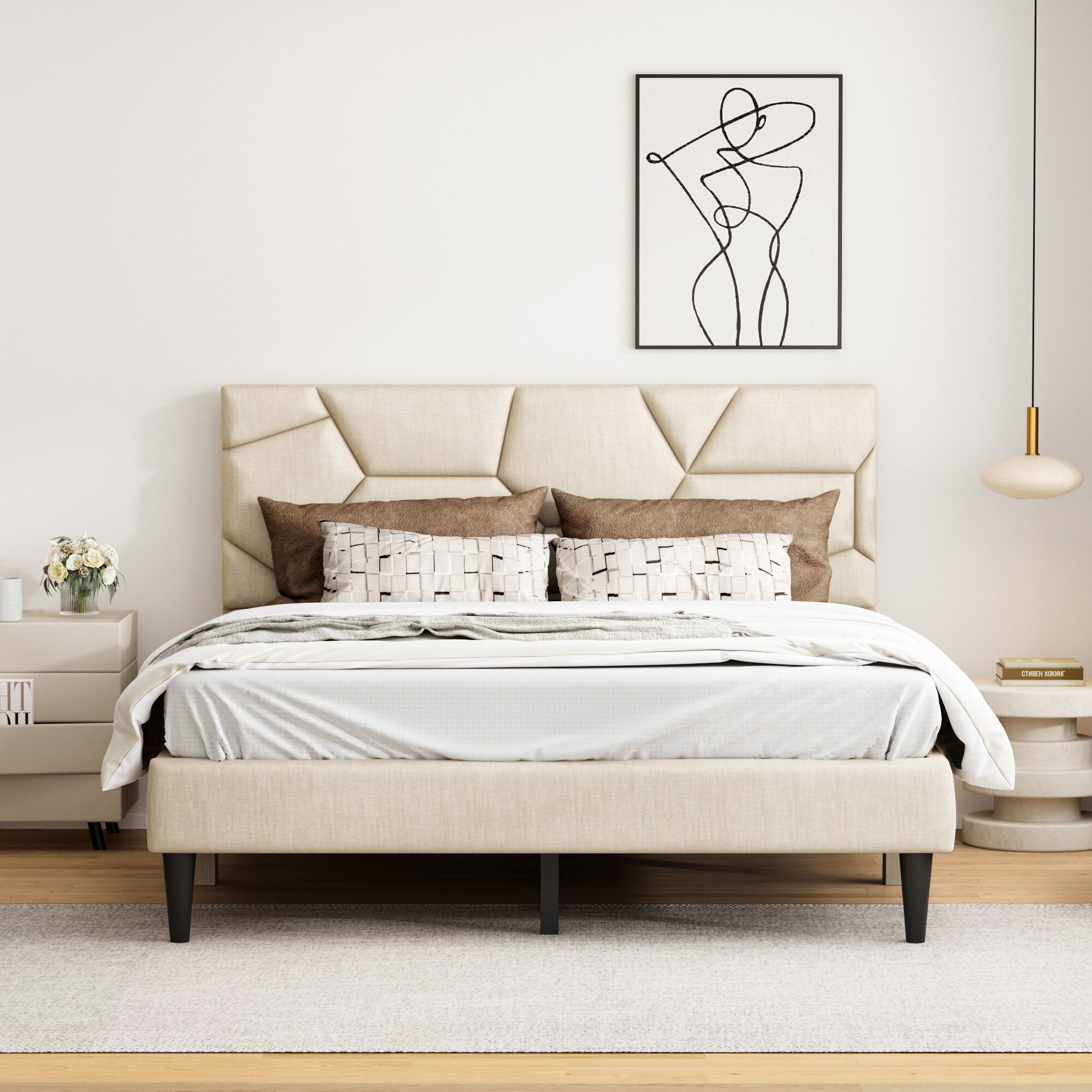 LOVMOR Queen Bed Frame linen storage headboard strong and stable no ...
