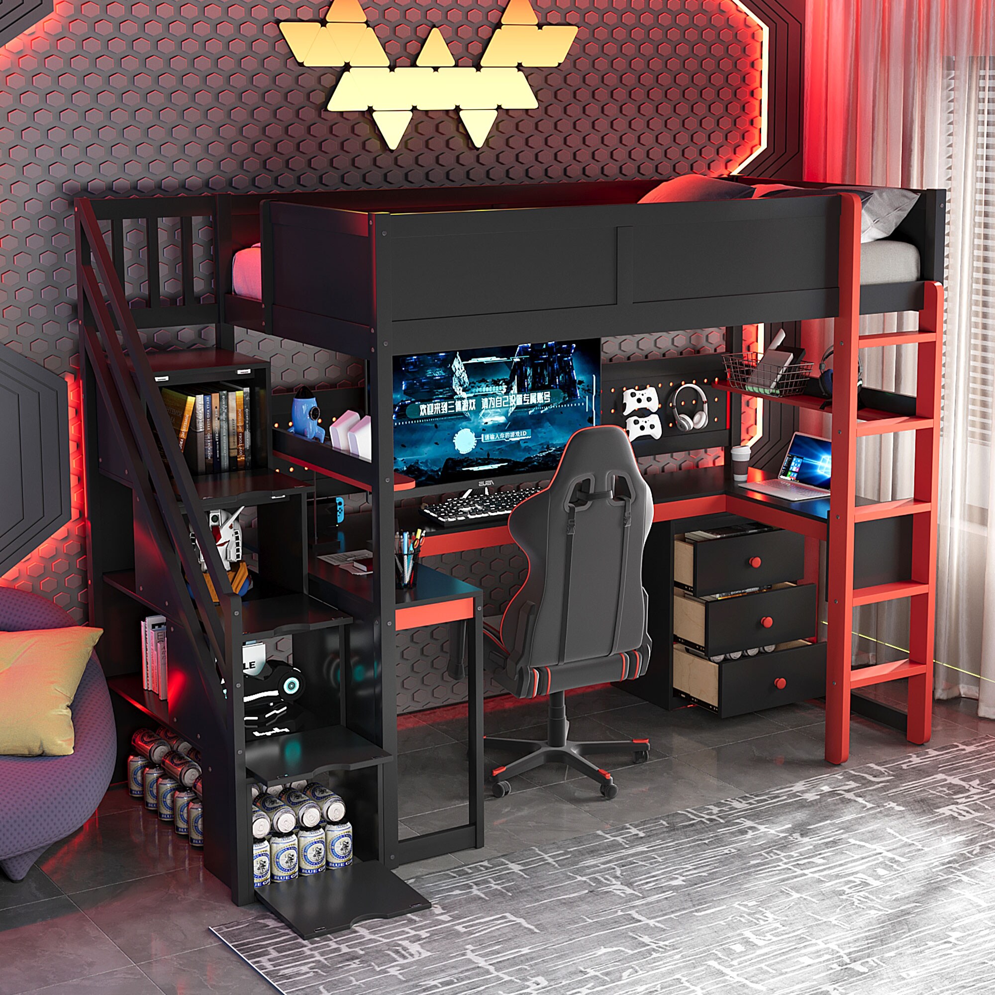 ModernLuxe Assembly Required Twin Size Wooden Gaming Loft Bed with ...