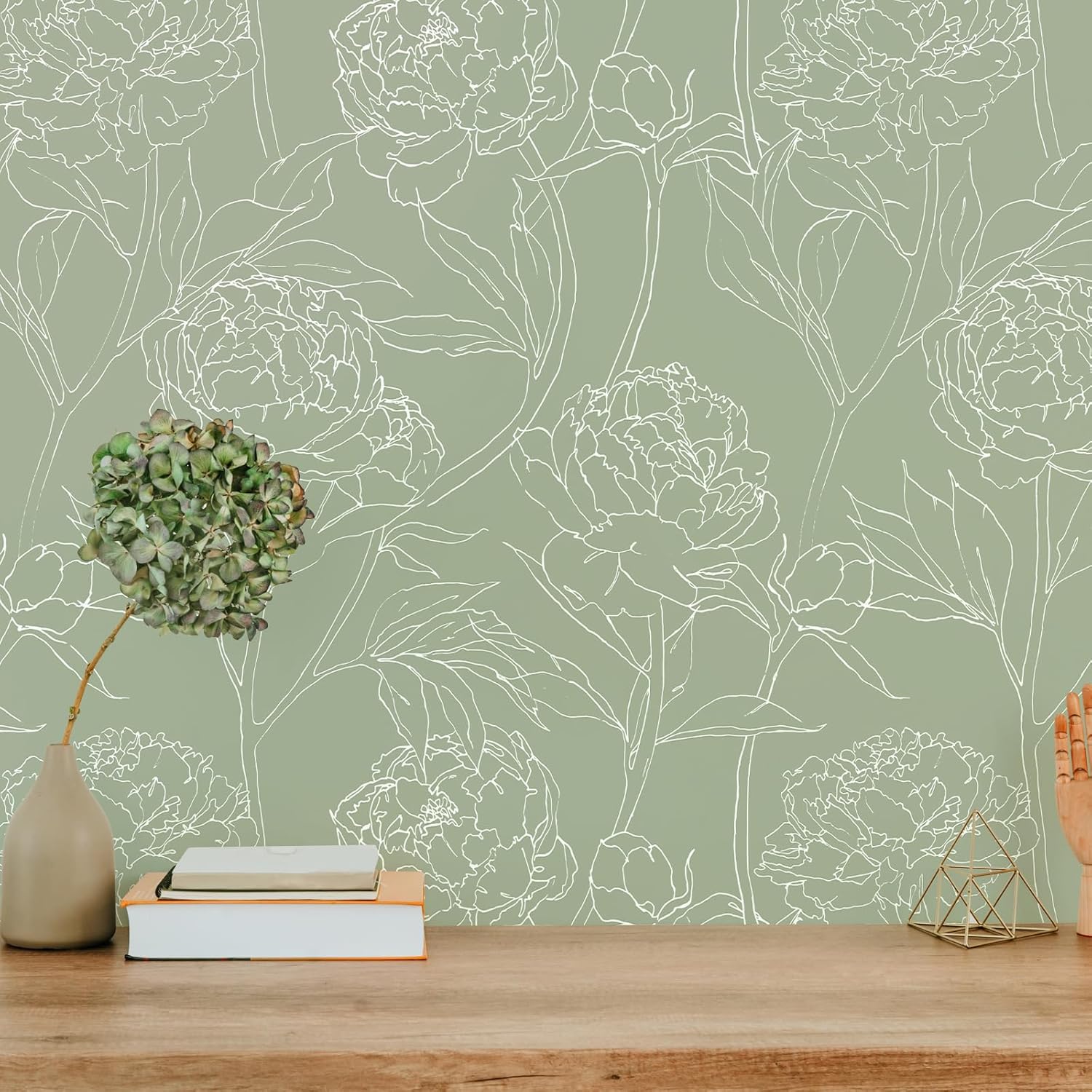Luupatchy 17.7x118 Inch Sage Green Sketch Peony Floral Peel and Stick ...