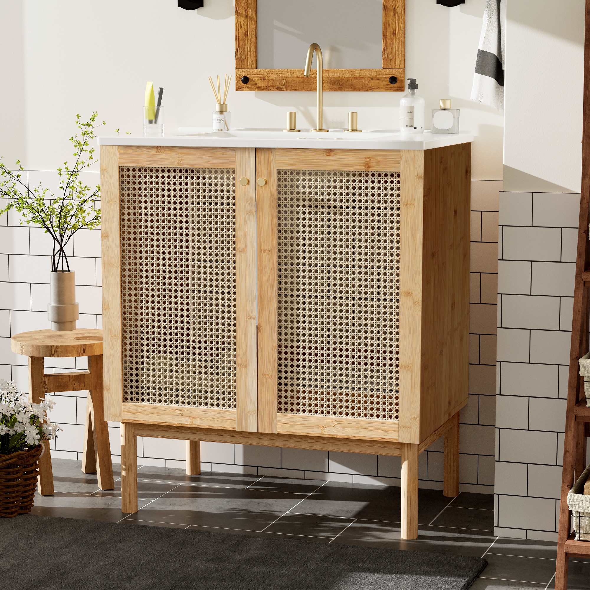 Vynxaria 30 Inch Wood Bathroom Vanity Solid Bamboo Handmade Rattan ...