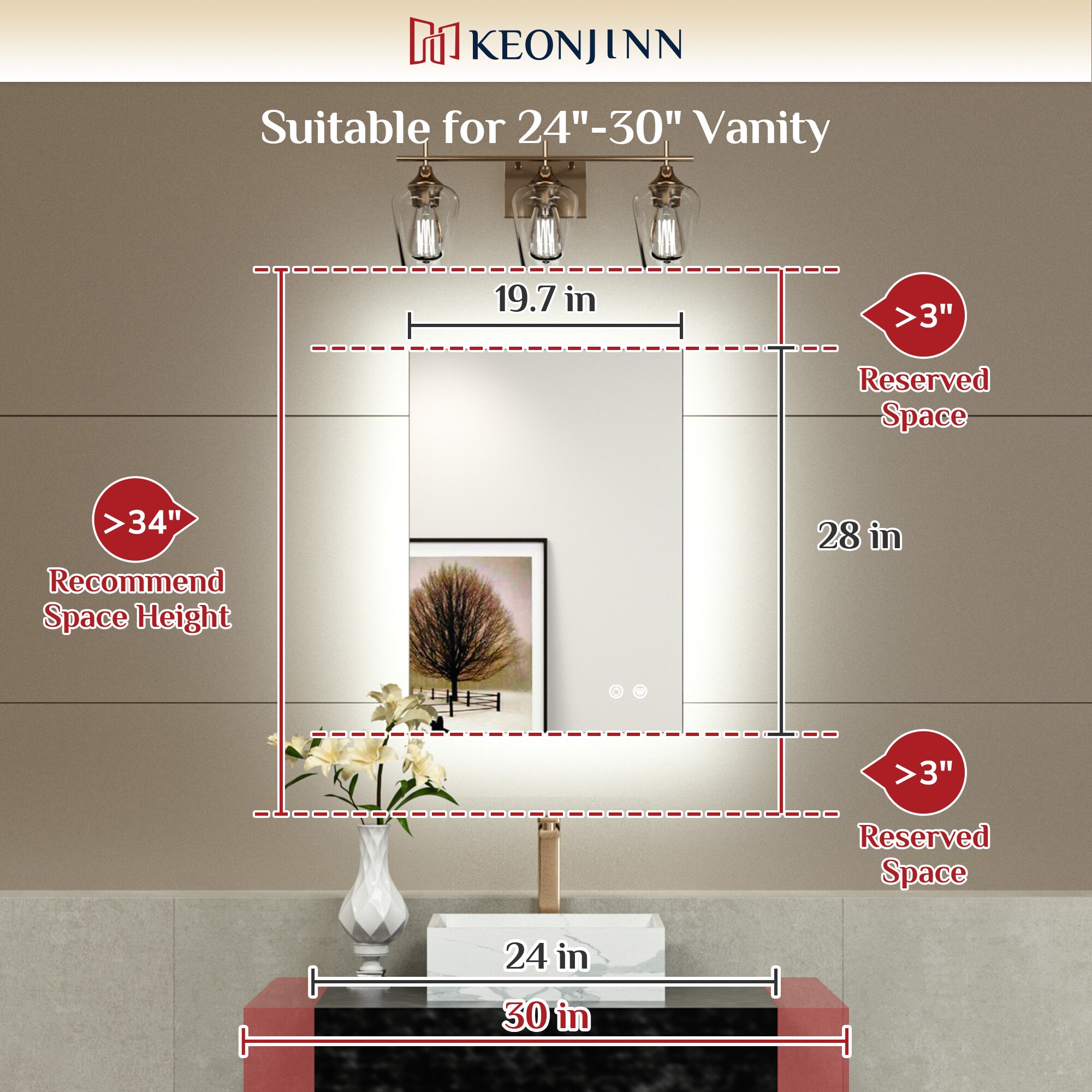 Keonjinn Backlit Bathroom Mirror 20-in x 28-in Polished Frameless ...