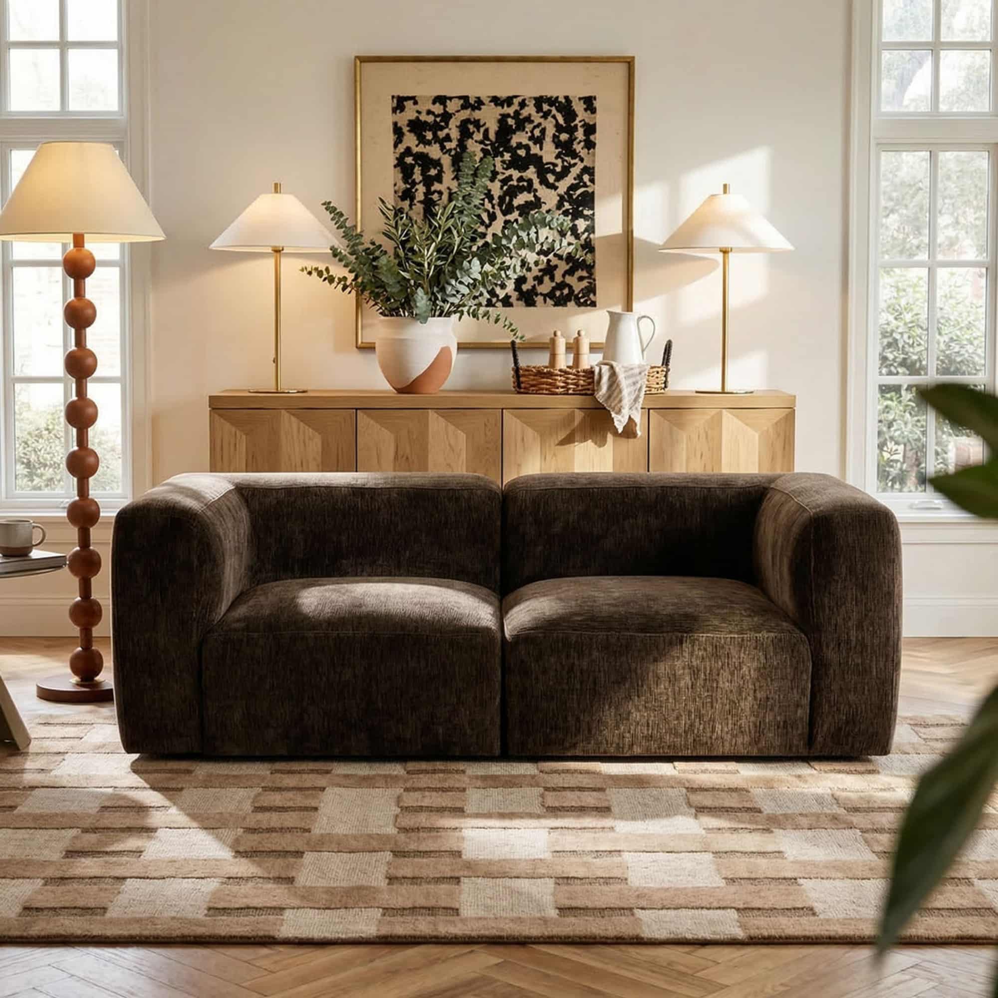 Maison Boucle 73 in Chocolate Modular Corner Loveseat with Chenille ...