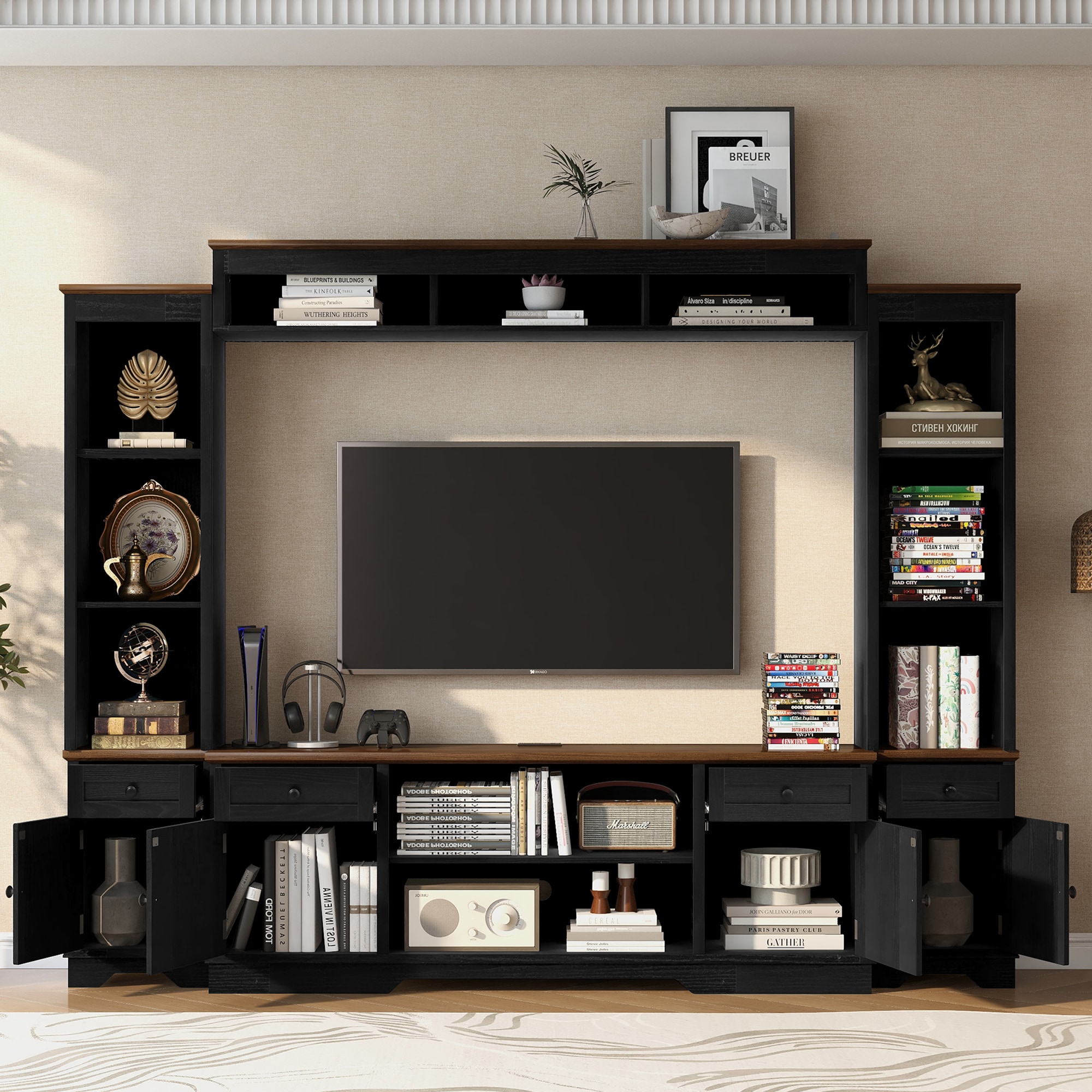 LOVMOR Wall Unit Entertainment Center with Bookshelves for TVs up to 80 ...