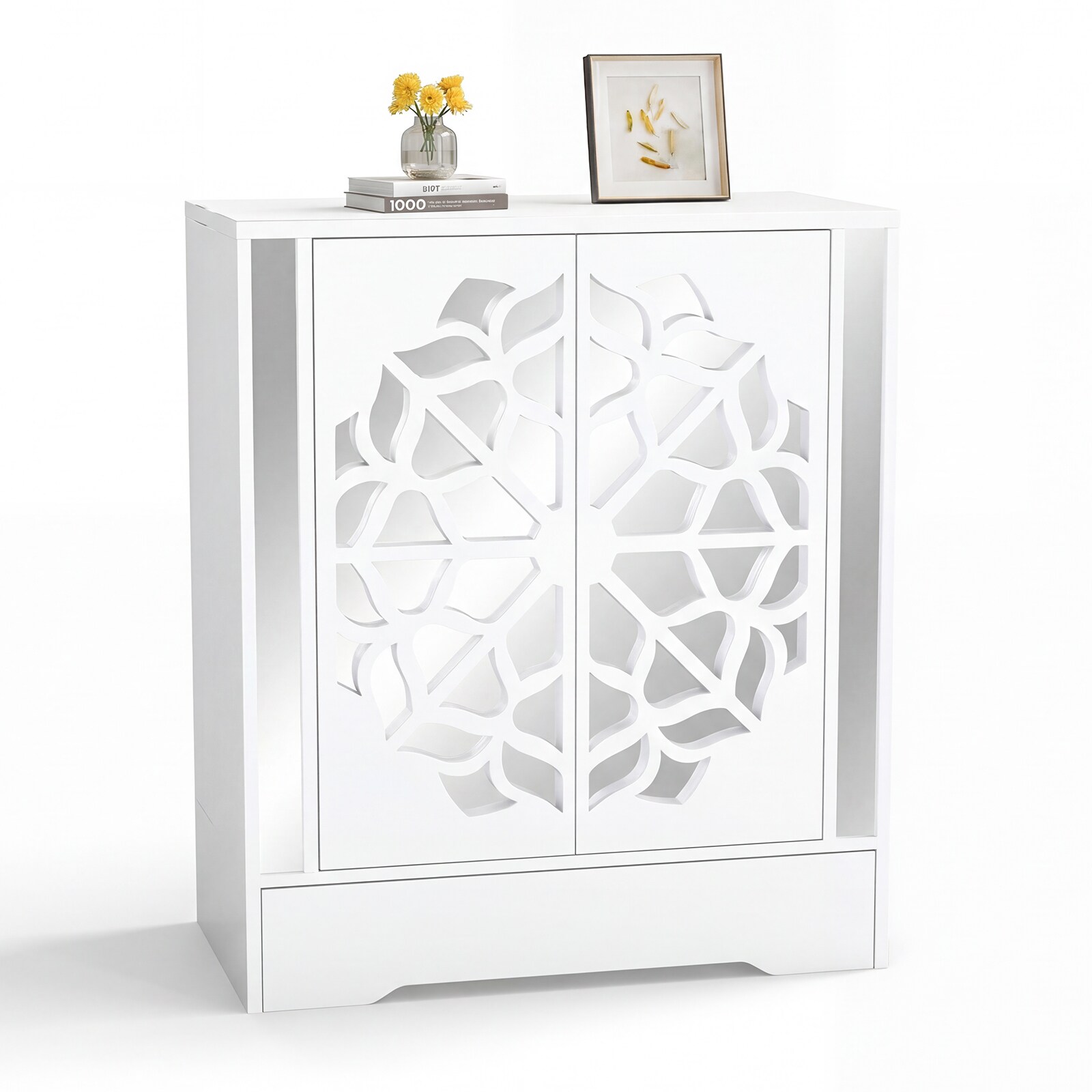 Volenca Mirrored Shoe Cabinet with 2 Hollow-Carved Doors 4 Tiers 3 ...