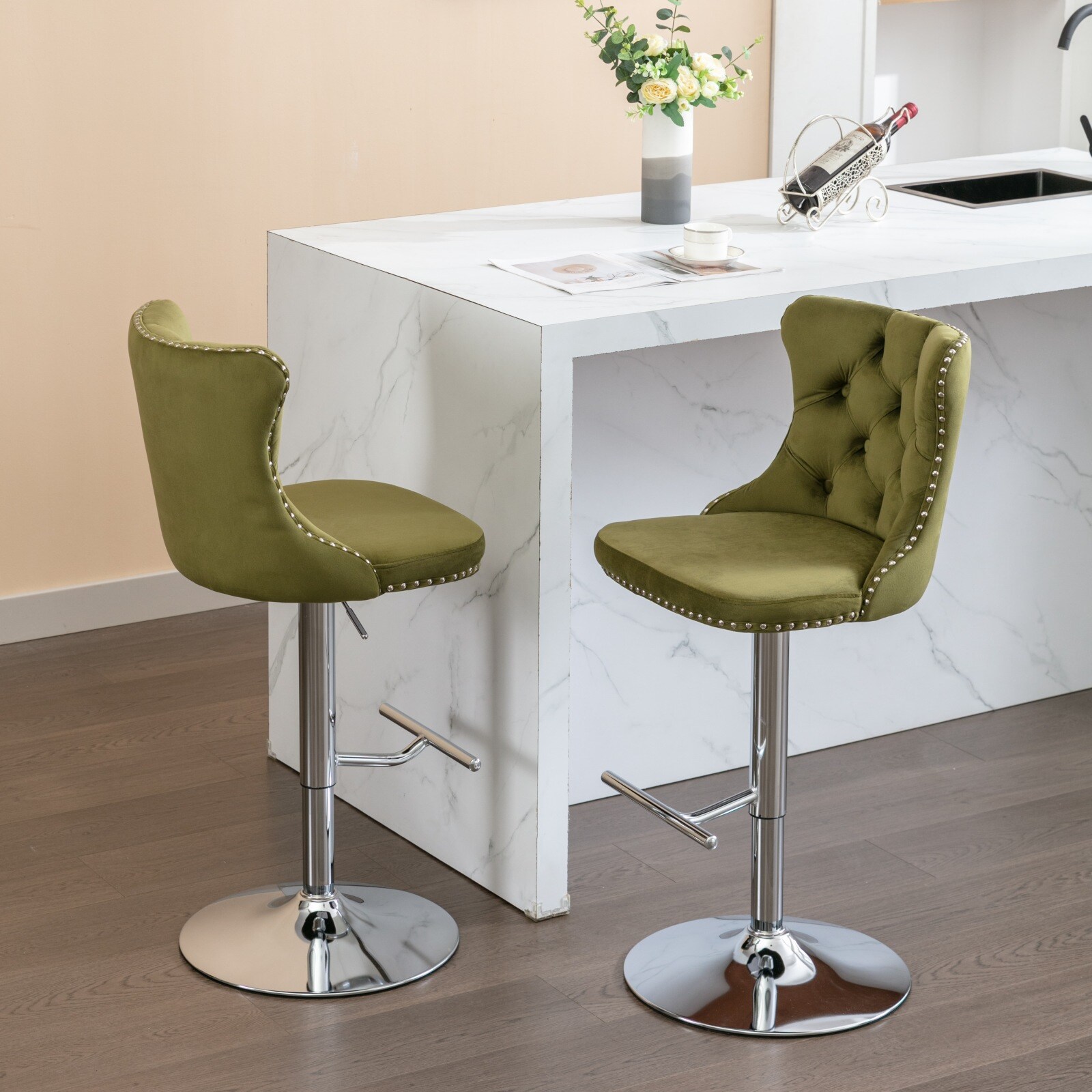 Flynama Olive Green 24.8-in H Adjustable Bar height Upholstered Swivel ...