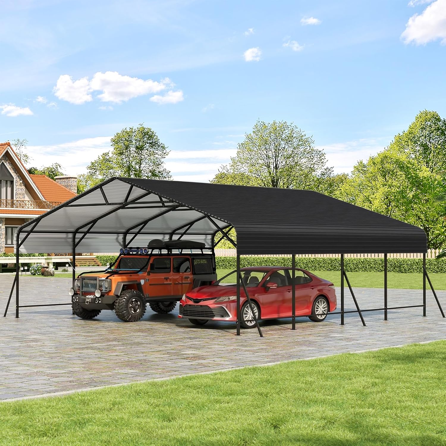 IdealHouse Metal Car Port 20x20x9FT Metal Garage with Steel Frame Heavy ...